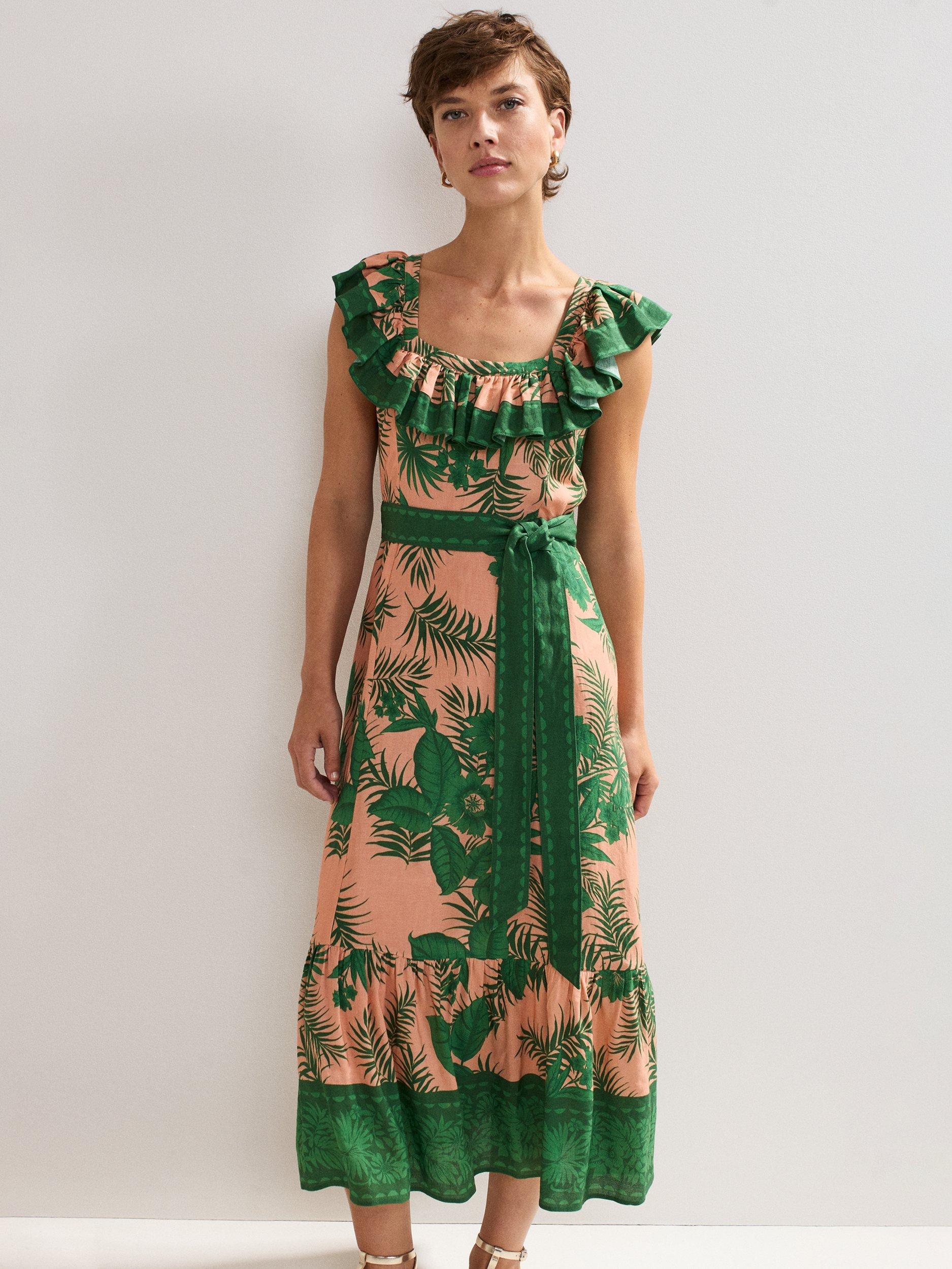 Phase Eight Sandra Linen Blend Floral Midi Dress, Coral