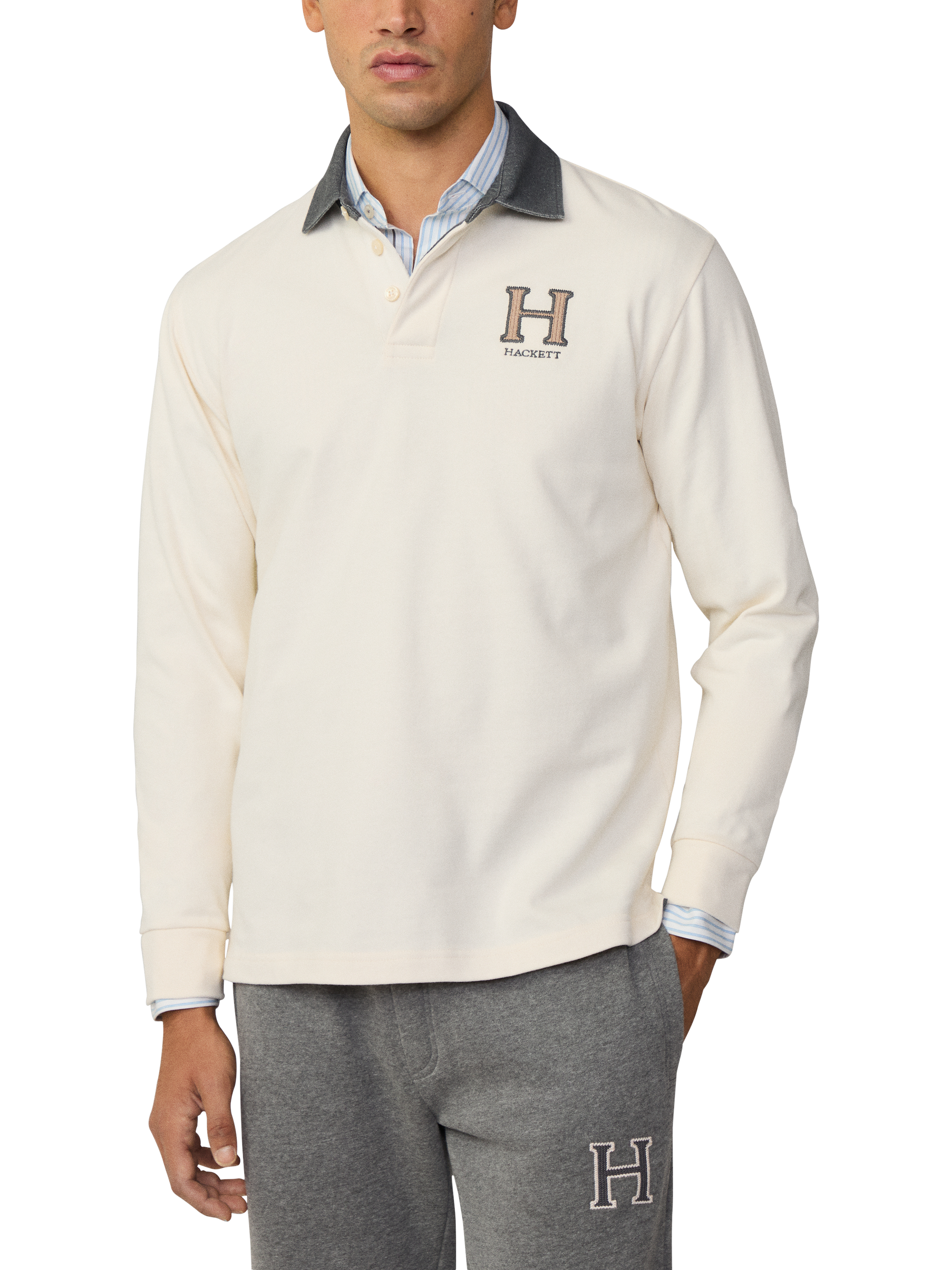 Hackett London Cotton Long Sleeve Rugby Shirt, Off White