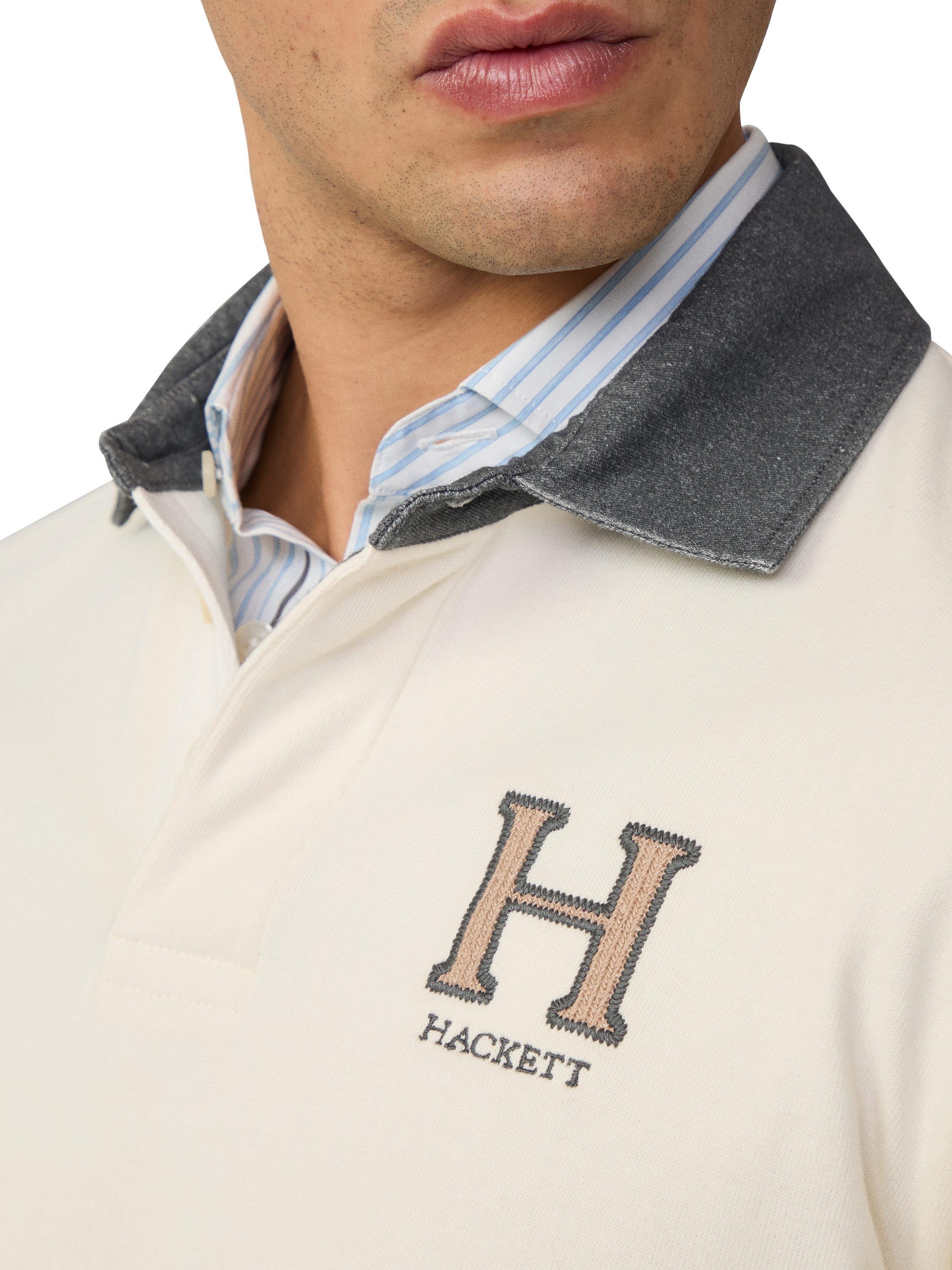 Hackett London Cotton Long Sleeve Rugby Shirt, Off White