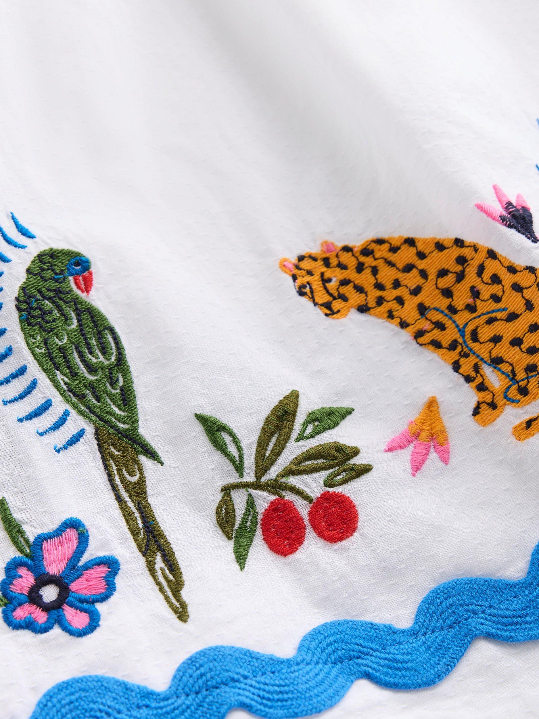 Mini Boden Kids' Maribel Cotton Embroidered Strappy Dress, Ivory Multi Jungle