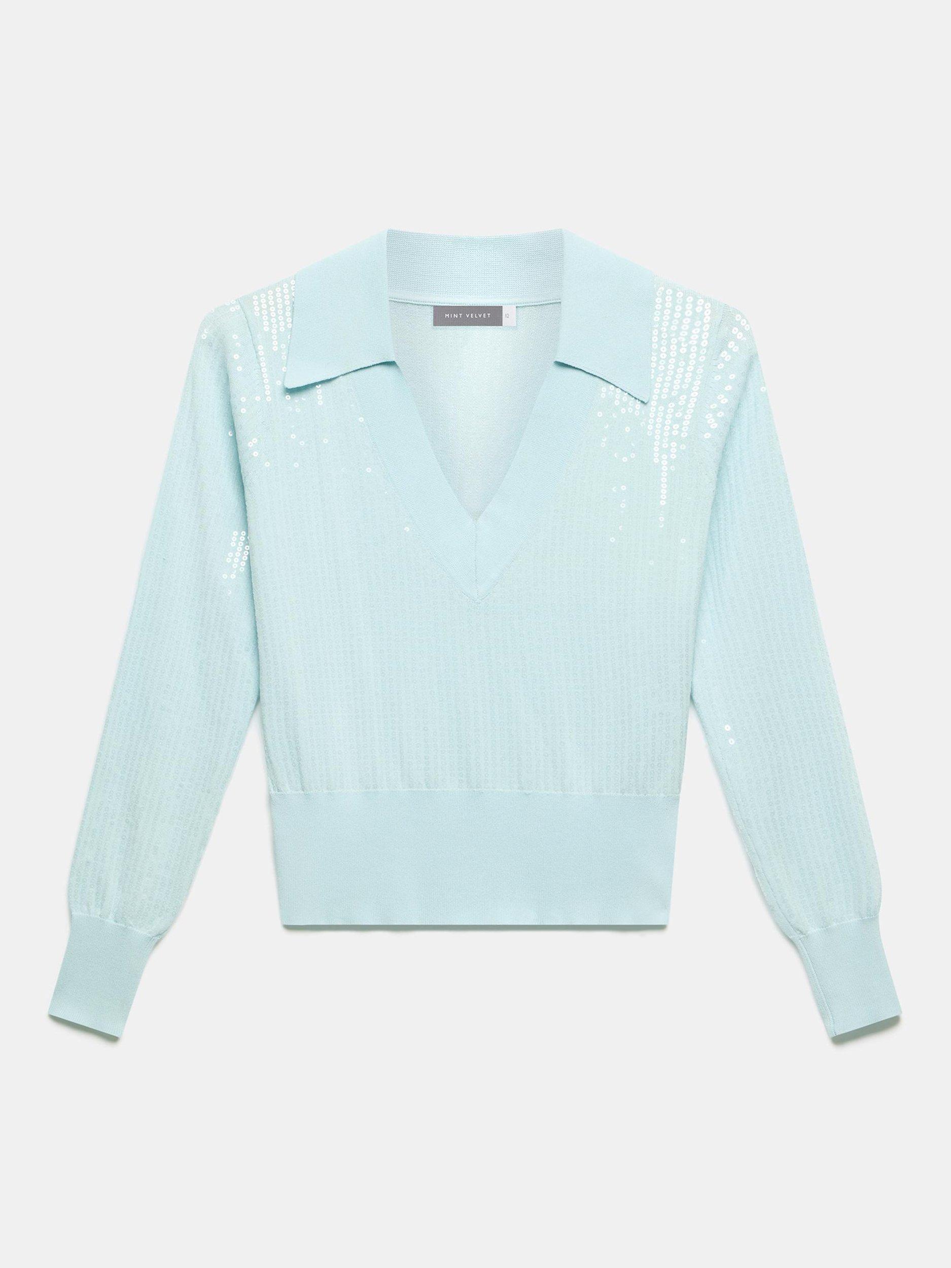 Mint Velvet Sequin Knit Polo Top, Blue