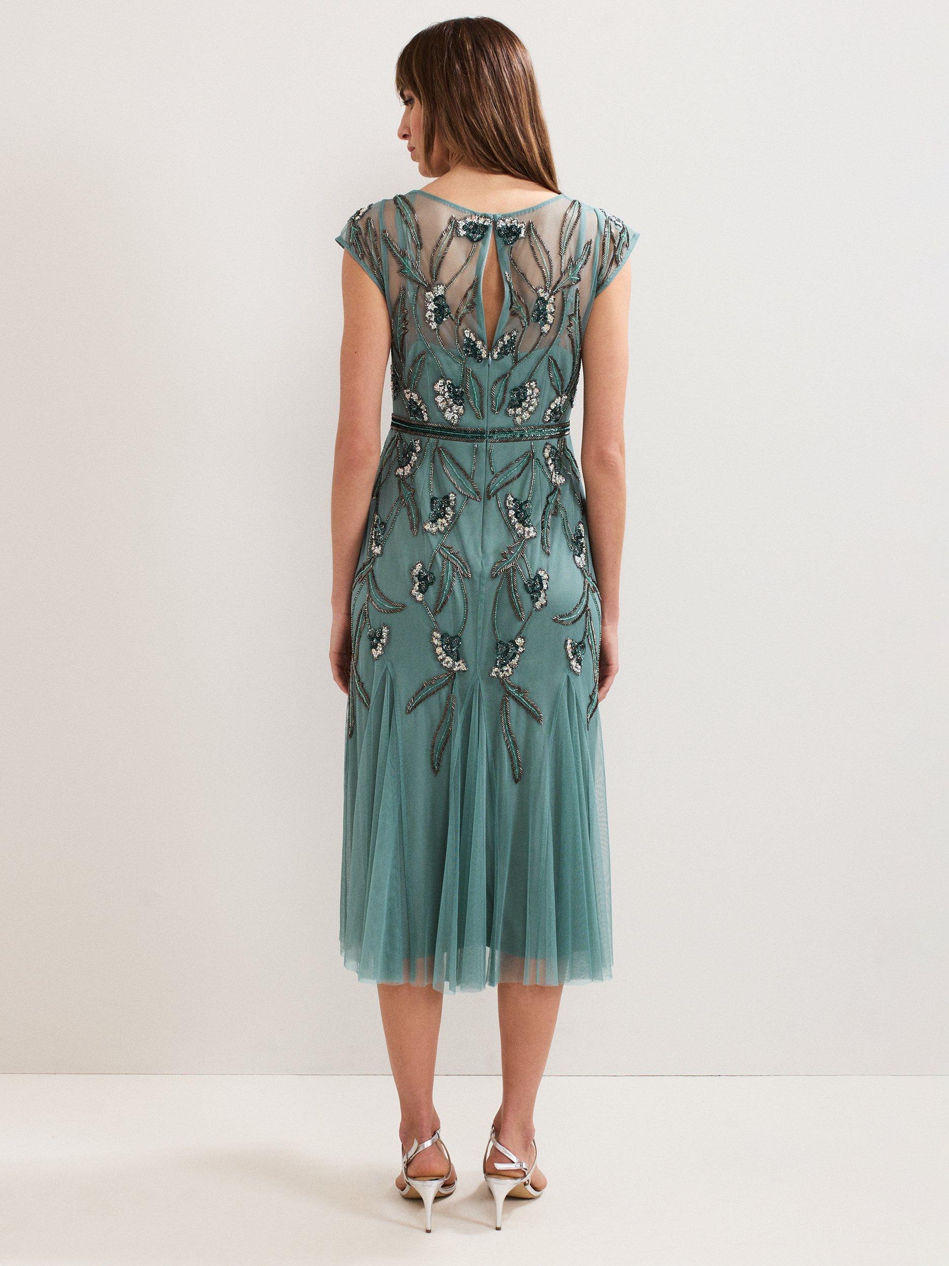 Phase Eight Evonne Cap Sleeve Beaded Midi Dress, Pale Green