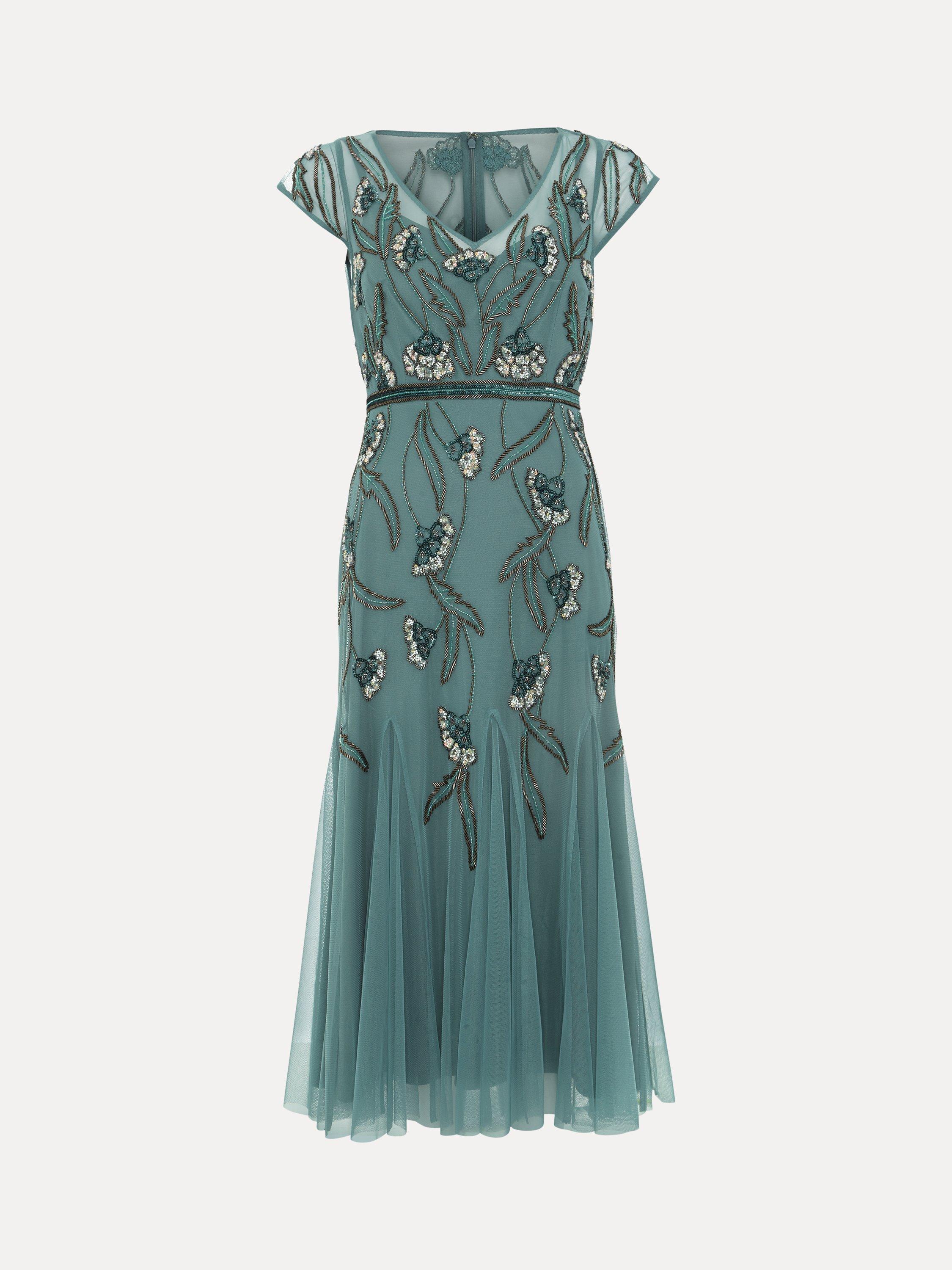 Phase Eight Evonne Cap Sleeve Beaded Midi Dress, Pale Green