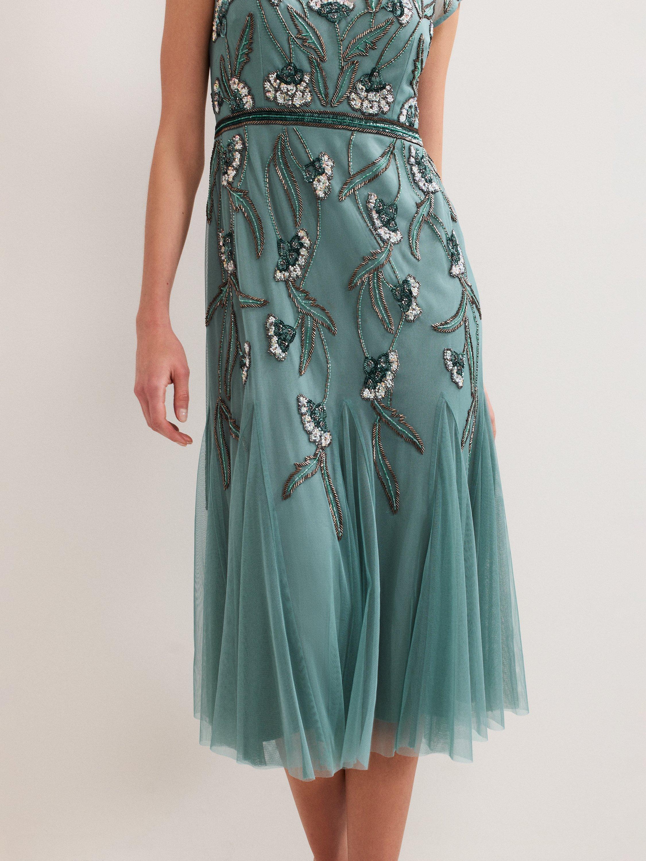 Phase Eight Evonne Cap Sleeve Beaded Midi Dress, Pale Green