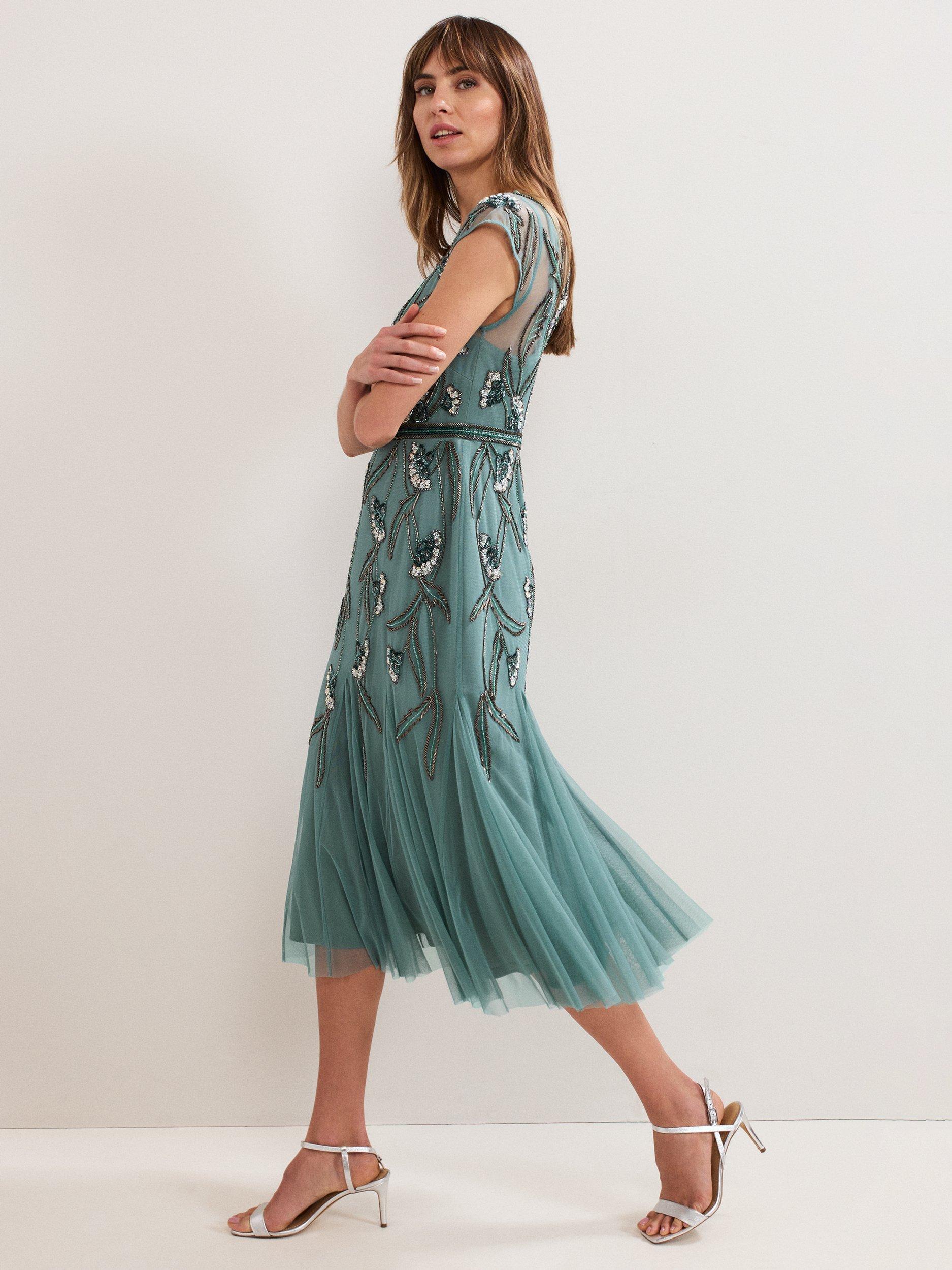 Phase Eight Evonne Cap Sleeve Beaded Midi Dress, Pale Green