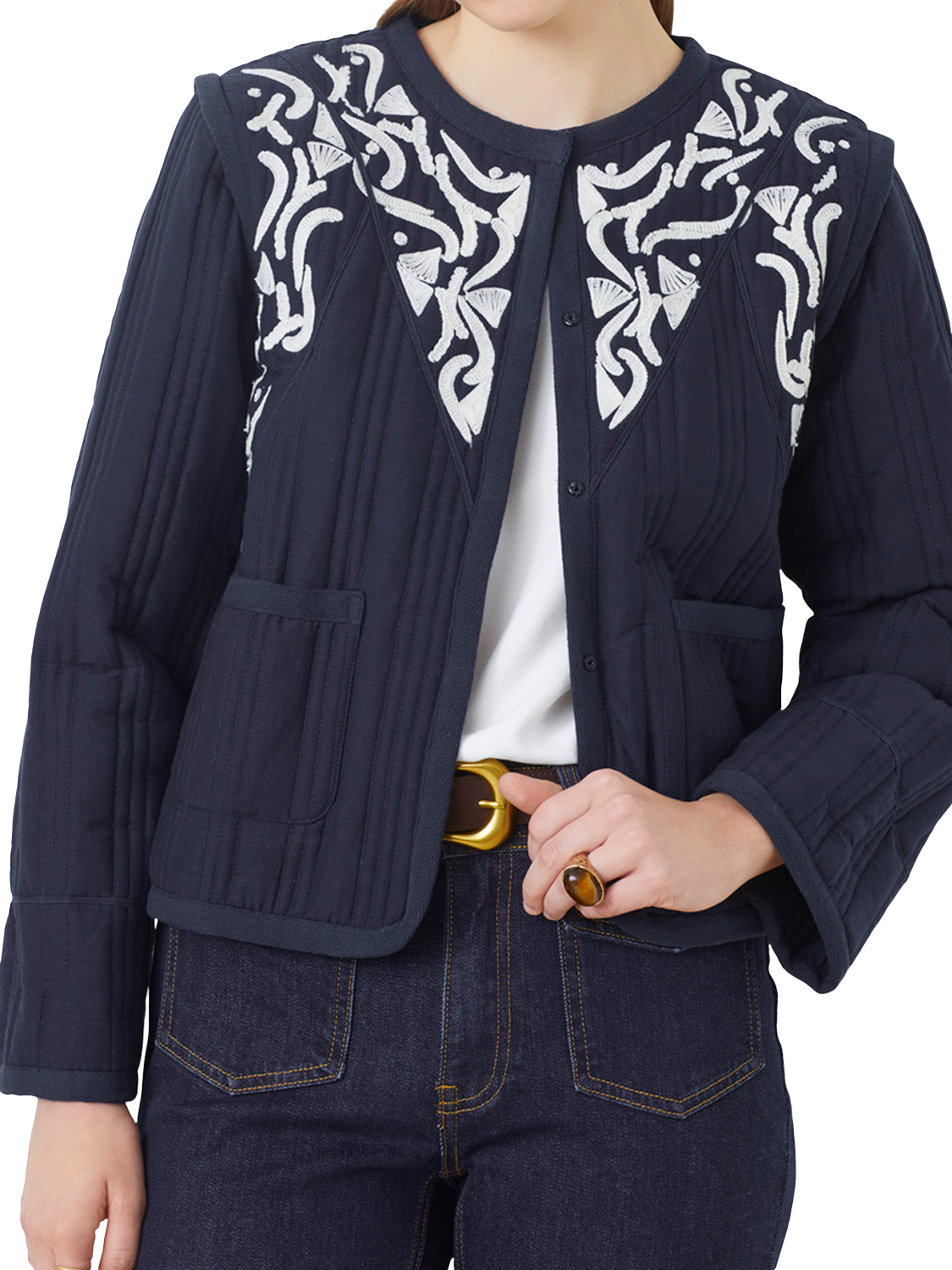 SUNCOO Daho Embroidered Quilted Short Cotton Jacket, Navy/White