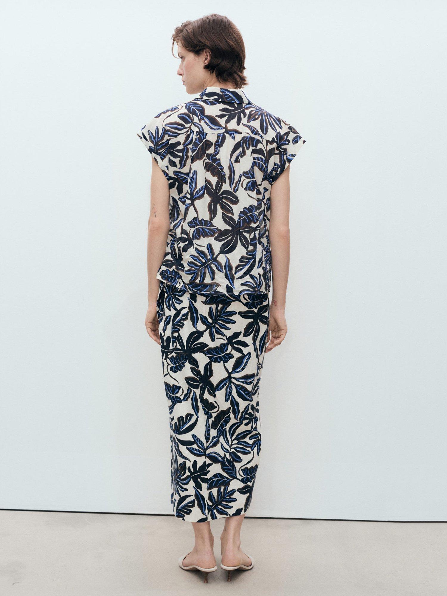 Mango Merci Leaf Print Linen Rich Skirt, Light Beige/Multi