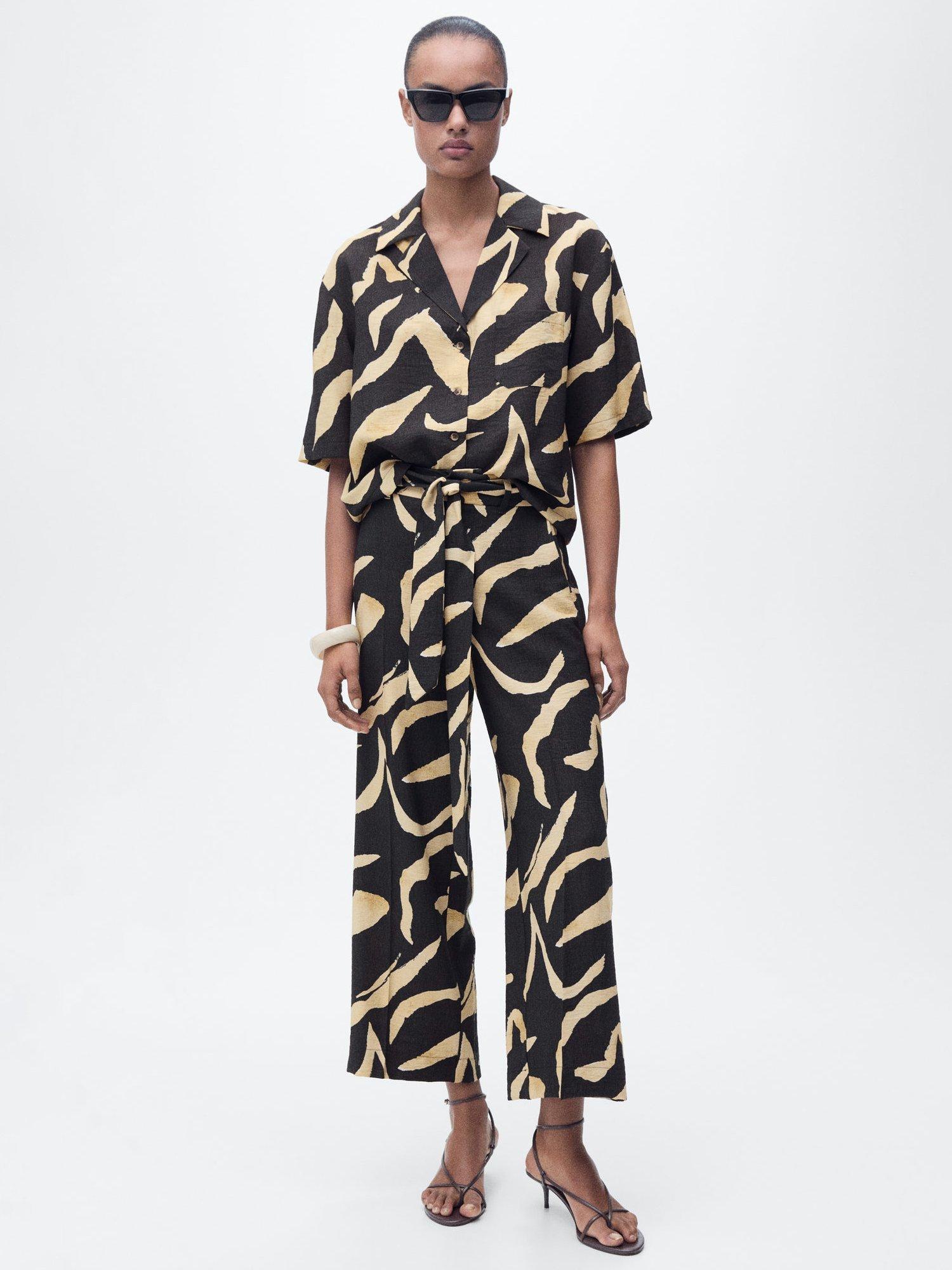 Mango Plumas Belted Abstract Trousers, Black