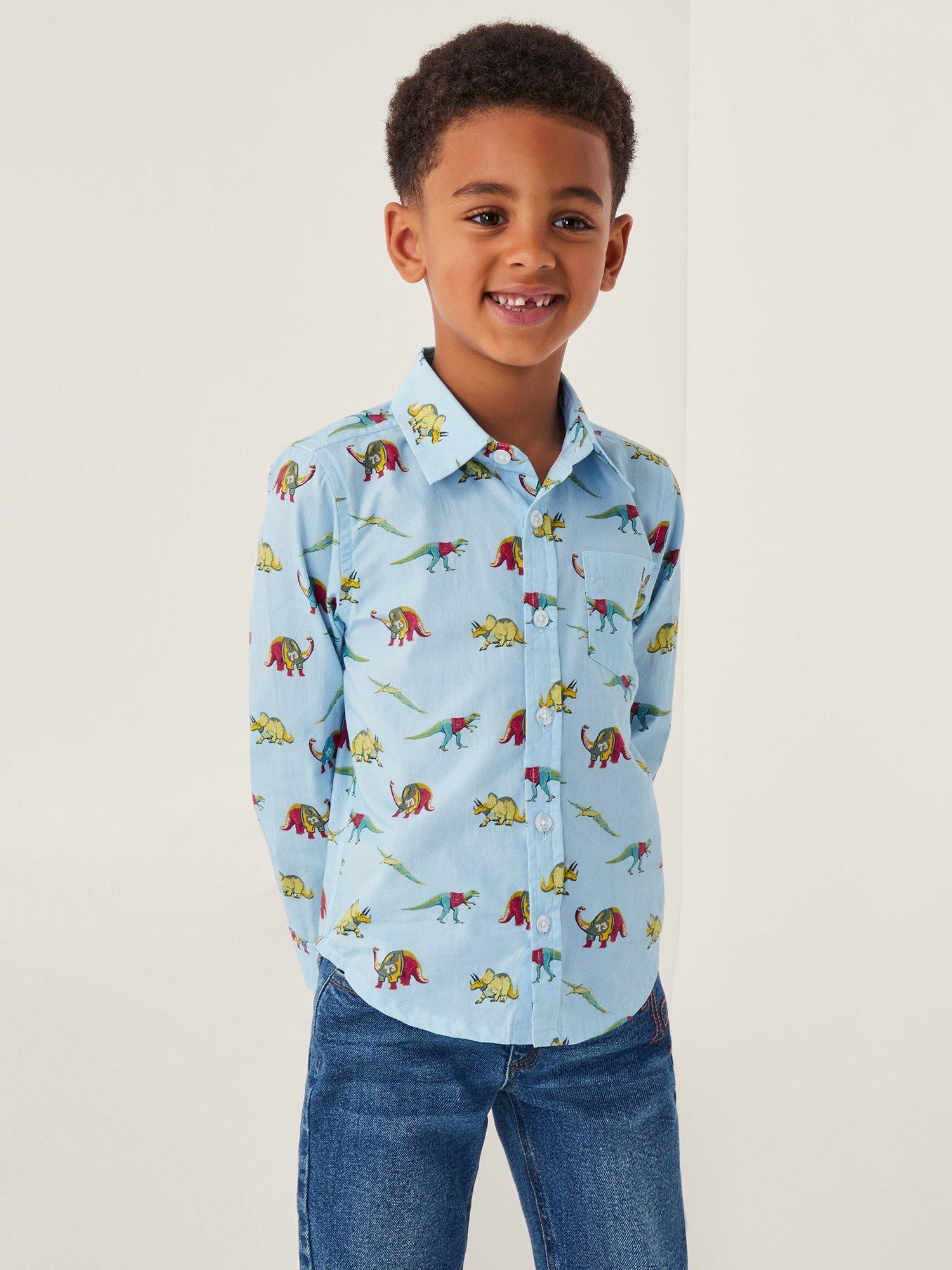 Monsoon Kids' Long Sleeved Dinosaur Print Shirt, Blue