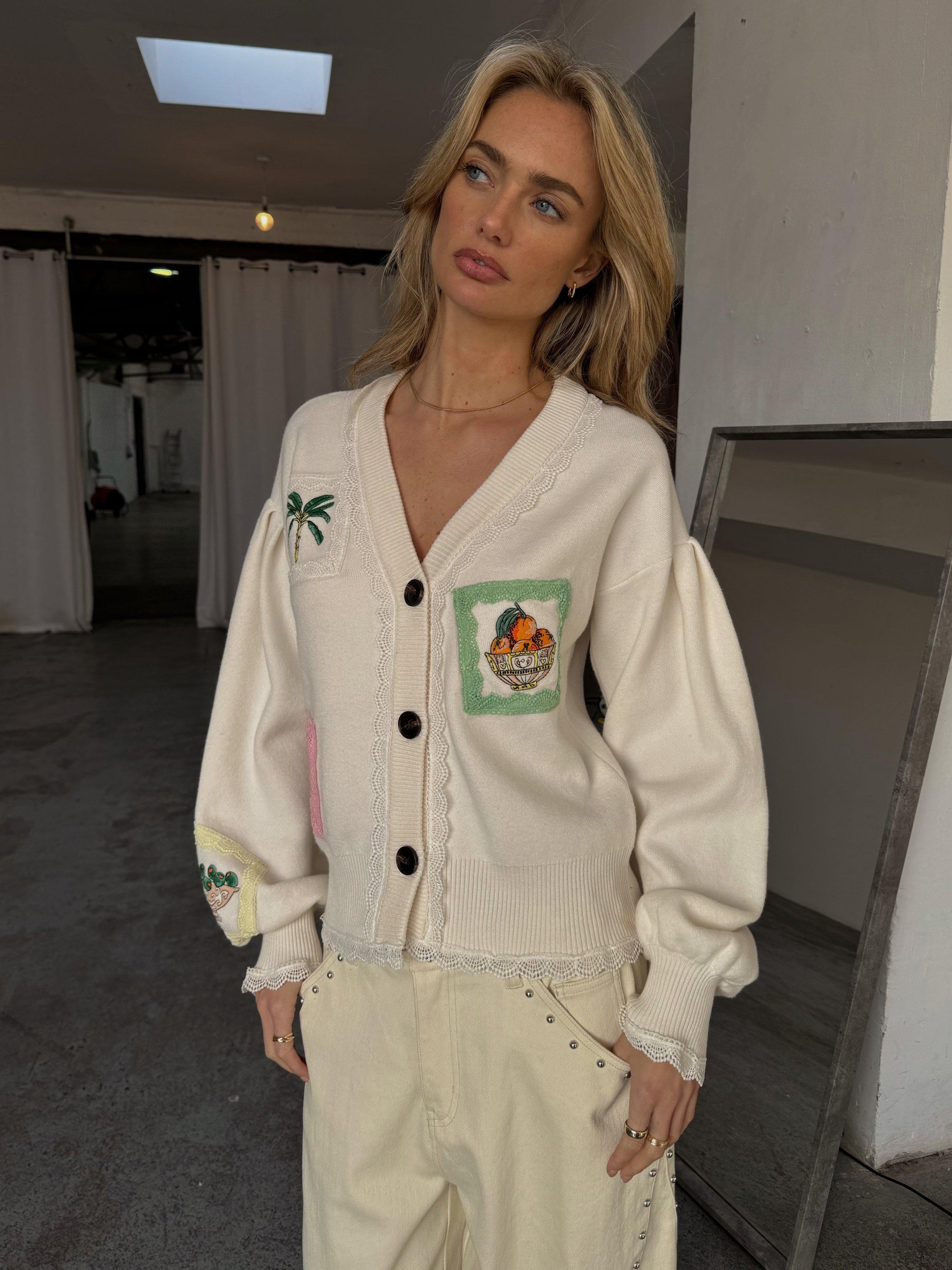 Never Fully Dressed Embroidered Motif Cardigan, Cream