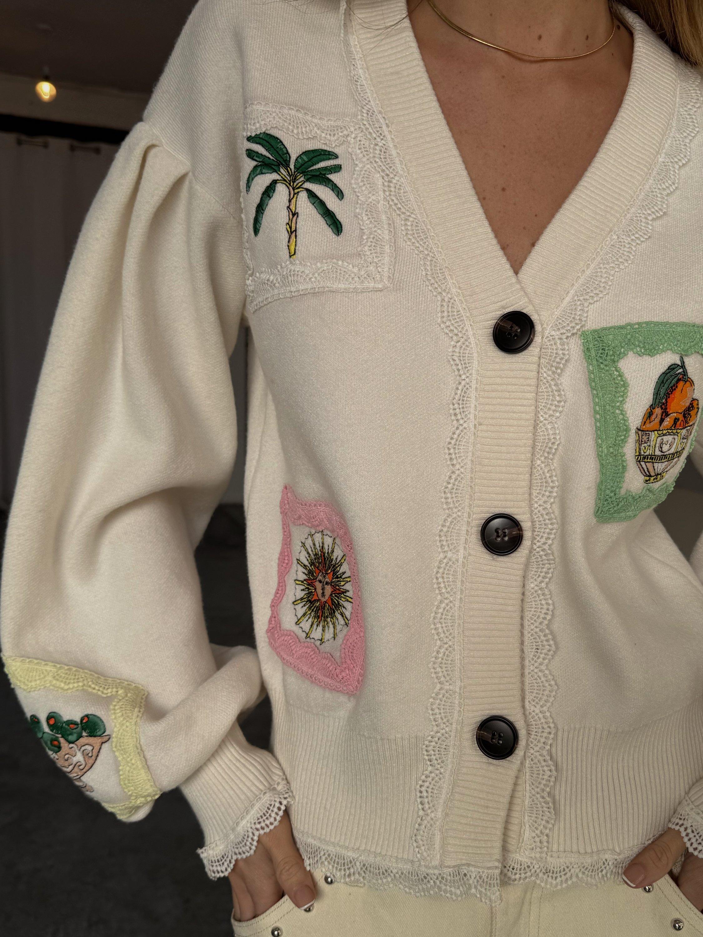 Never Fully Dressed Embroidered Motif Cardigan, Cream