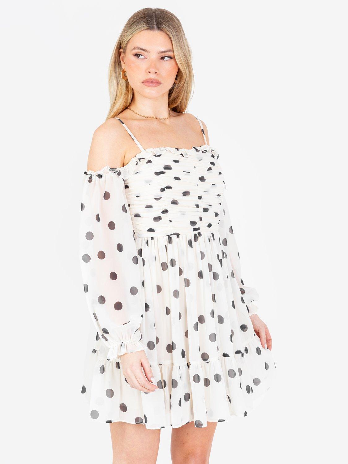 Anaya With Love Polk Dot Bardot Mini Dress, Cream Polka Dot