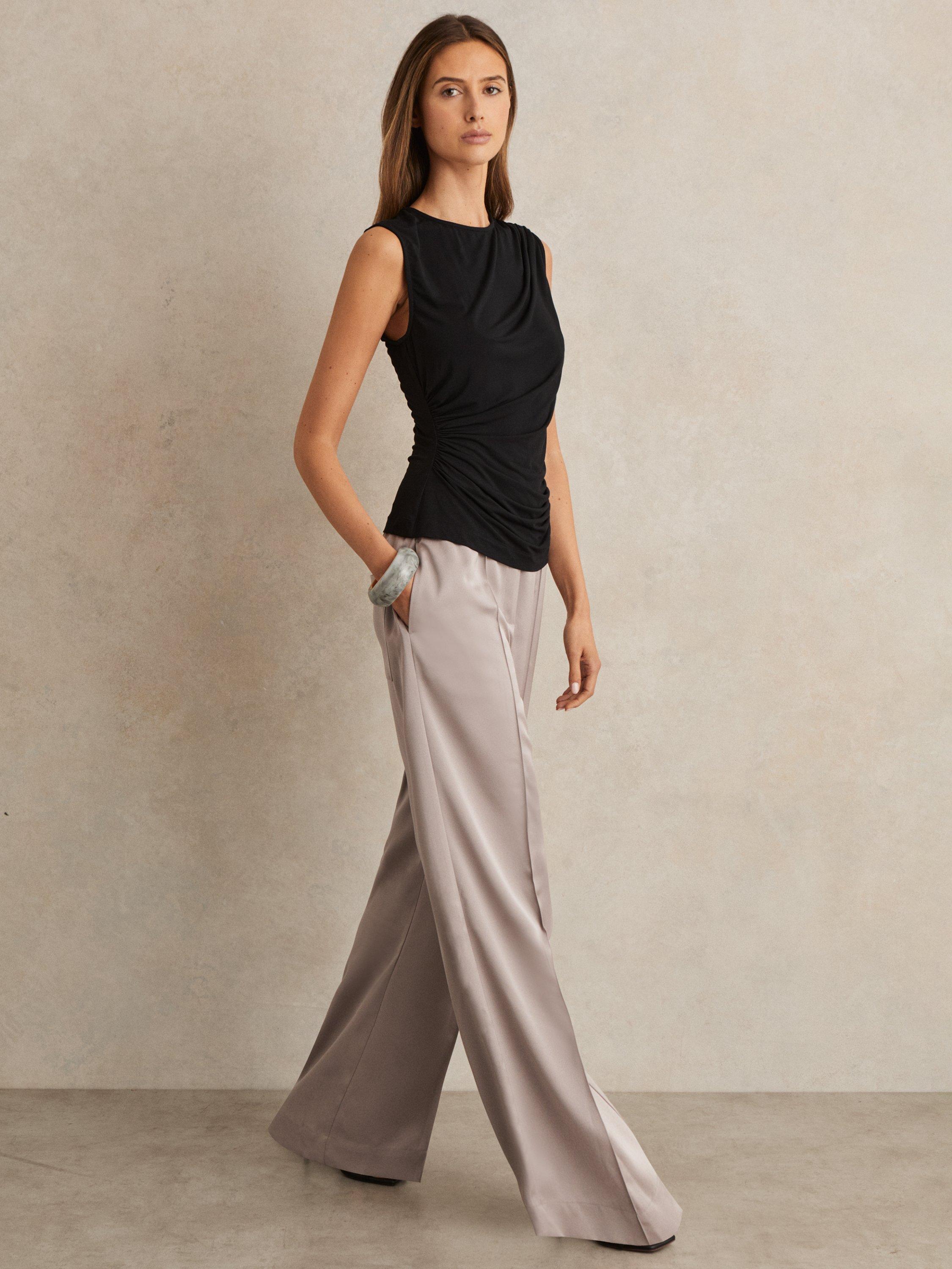 Reiss Elsie Satin Wide Leg Elastic Waist Trousers, Grey