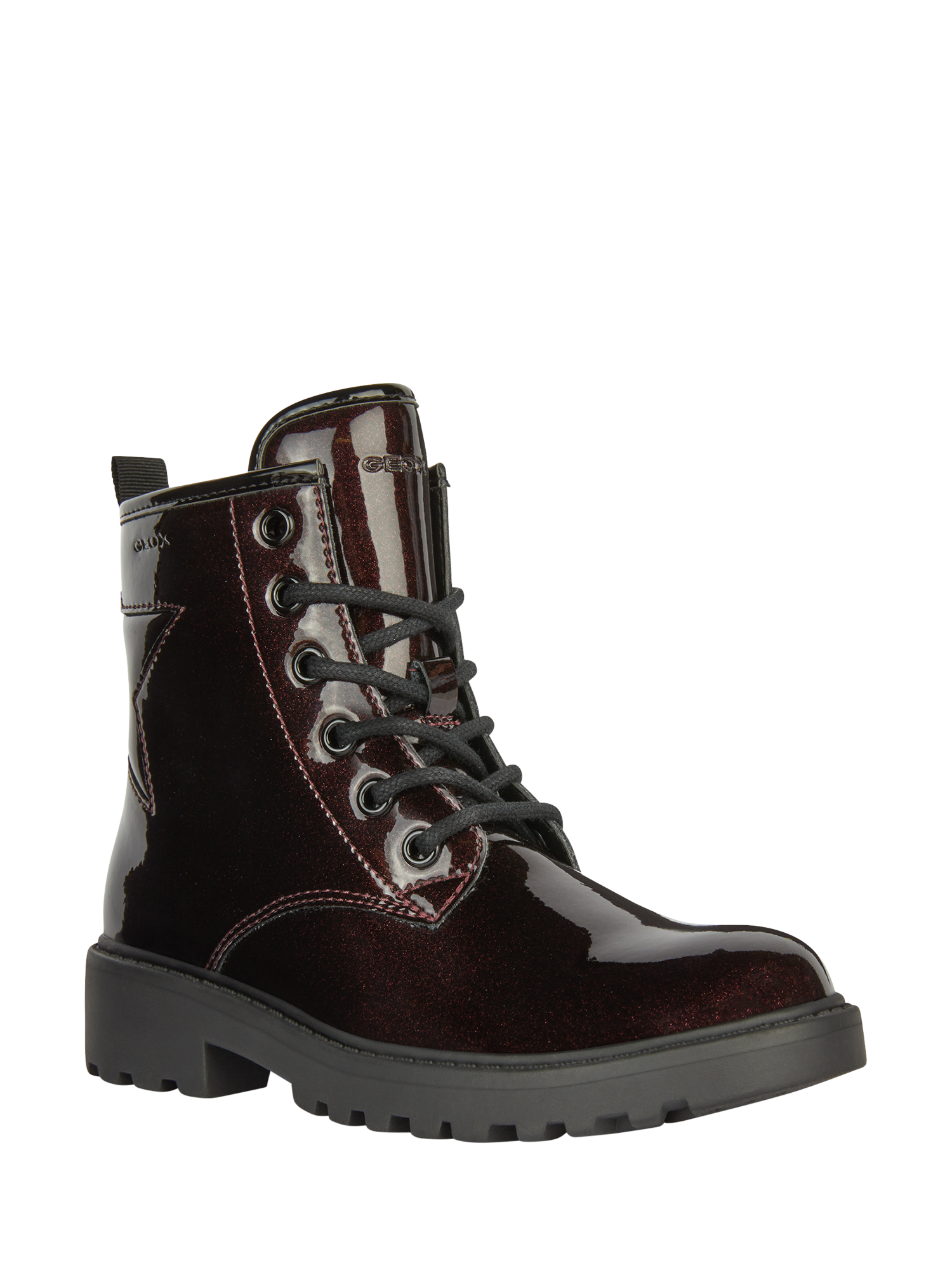 Geox Kids' Casey Patent Lace-Up Ankle Boots, Dk Burgundy/Black