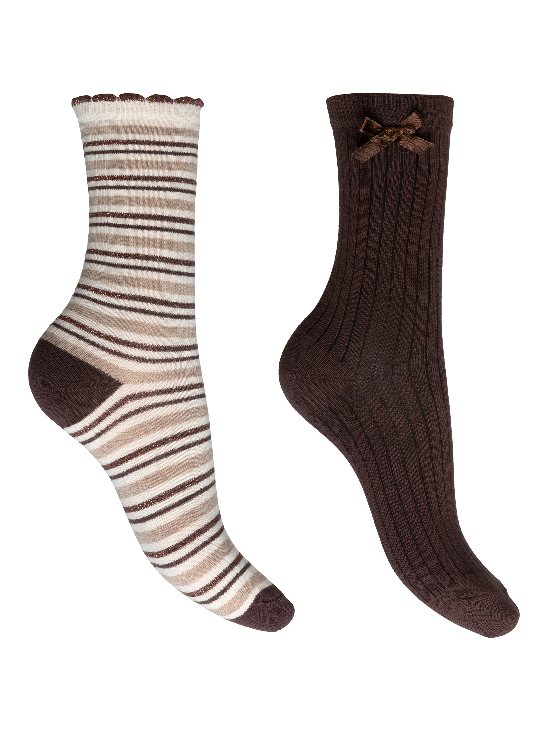 Charnos Sparkle Stripe/Rib Bow Ankle Socks, Pack of 2, Chocolate Mix