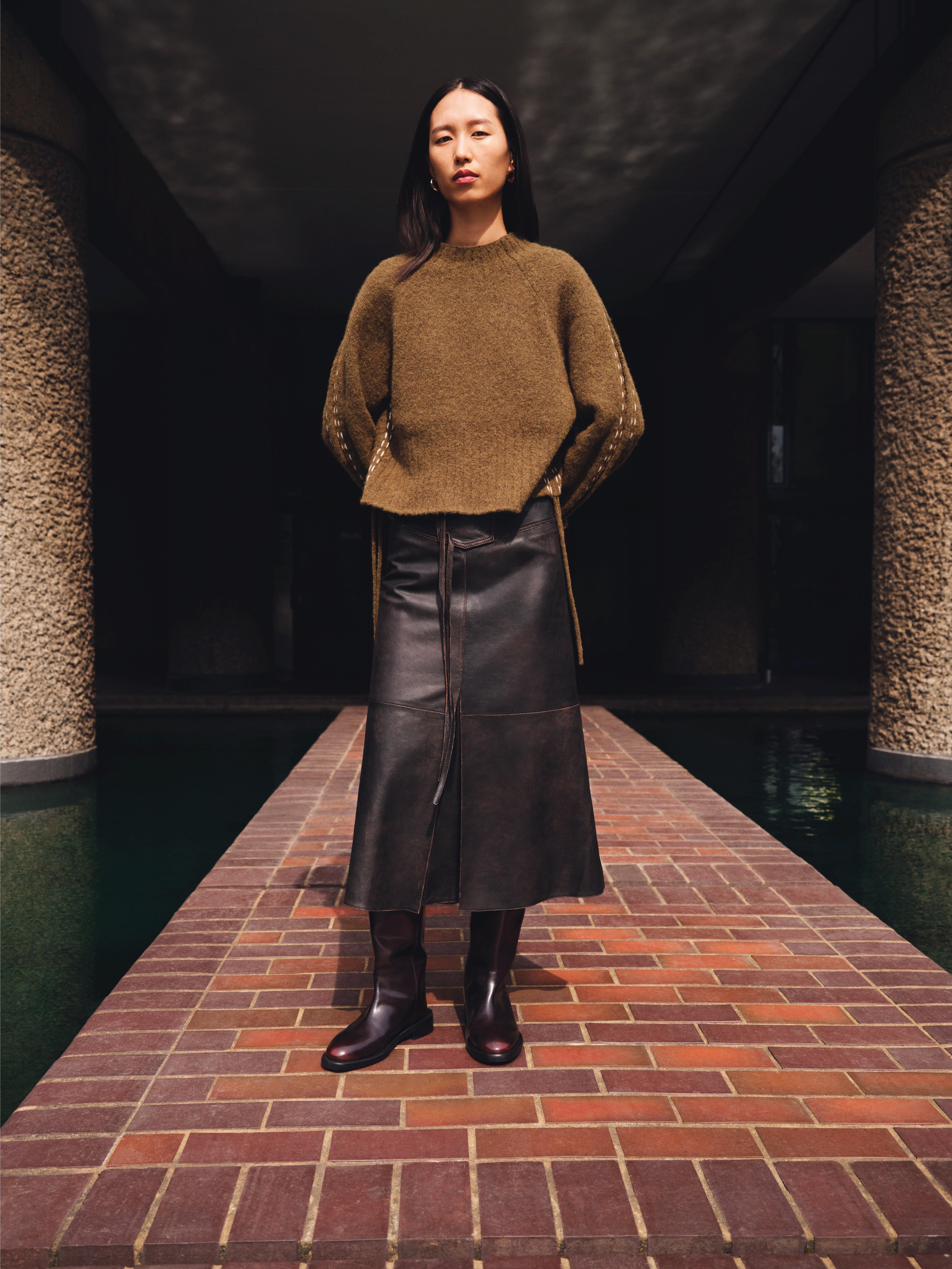 John Lewis x REJINA PYO Authentic Wash Leather Tie Front Midi Skirt, Brown