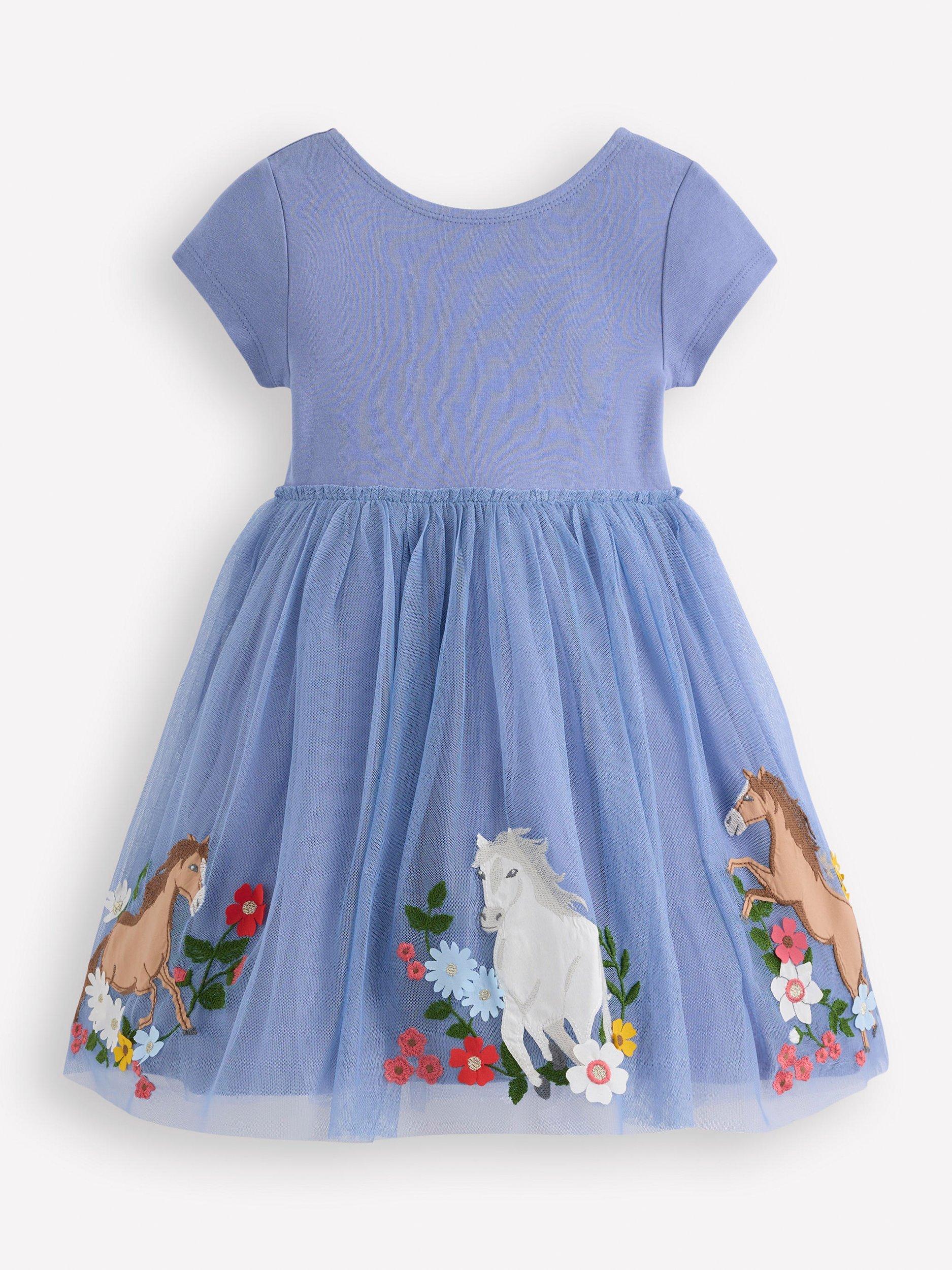 Mini Boden Kids' Ami Cotton Blend Applique Tulle Dress, Pale Blue Chicks