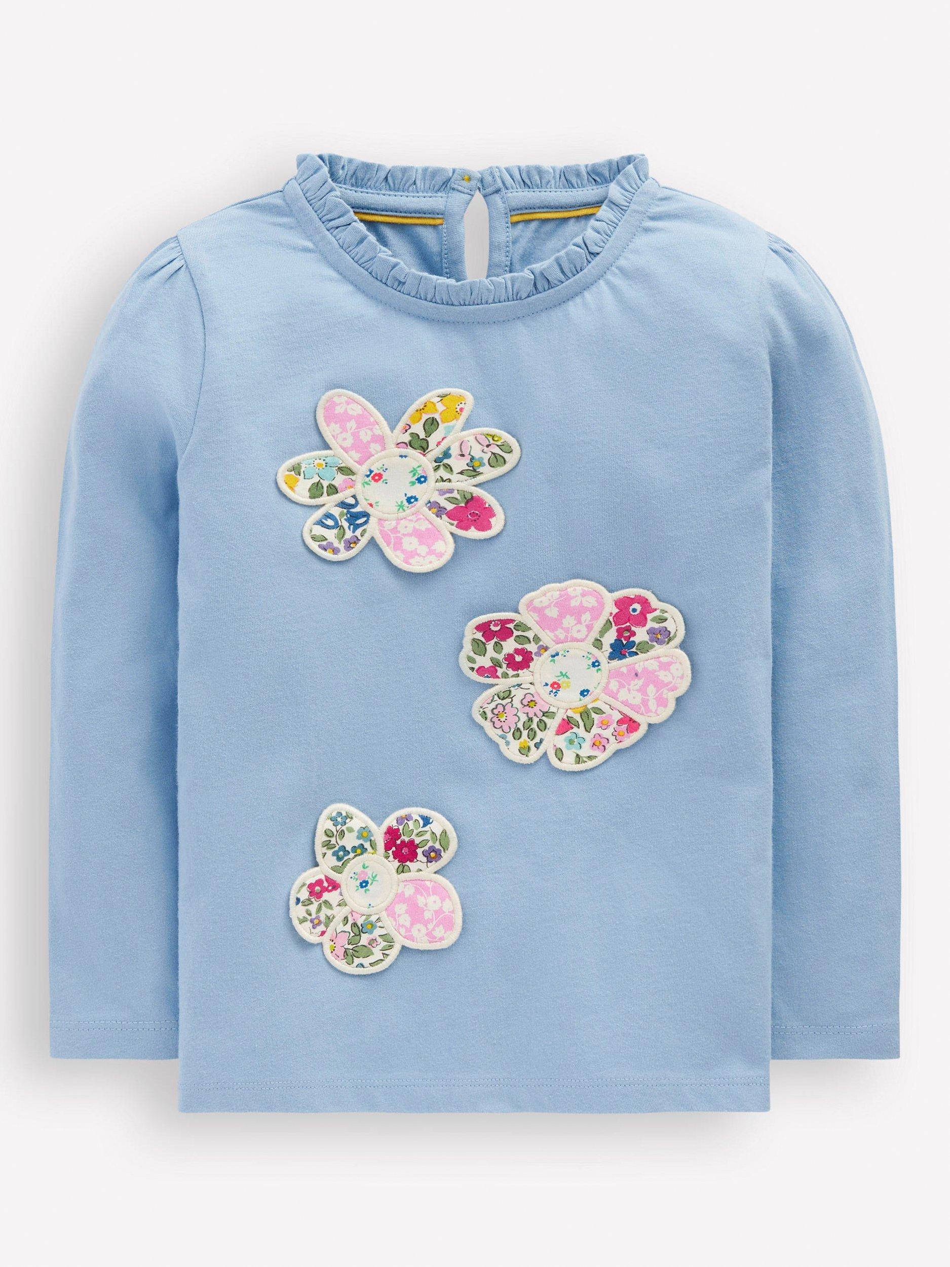 Mini Boden Kids' Cotton Frill Neck Applique Long Sleeved T-Shirt, Glacier Blue Flowers