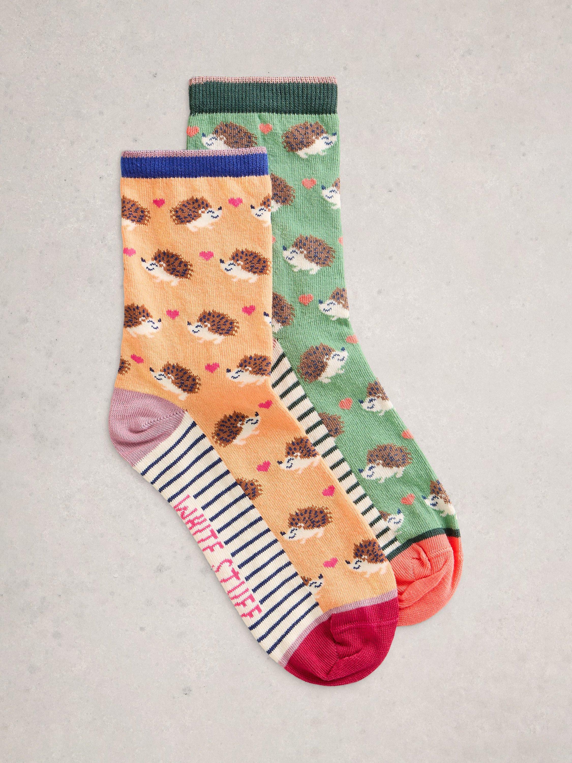 White Stuff Cotton Blend Hedgehog Socks, Pack of 2, Orange/Multi