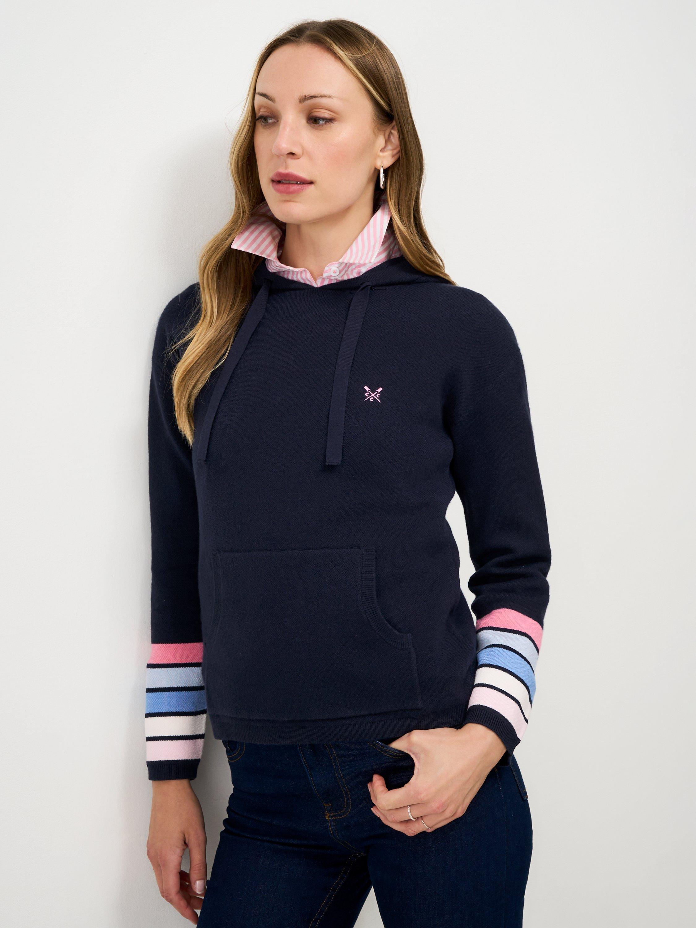 Crew Clothing Kiefer Stripe Cuff Hoodie, Navy Blue