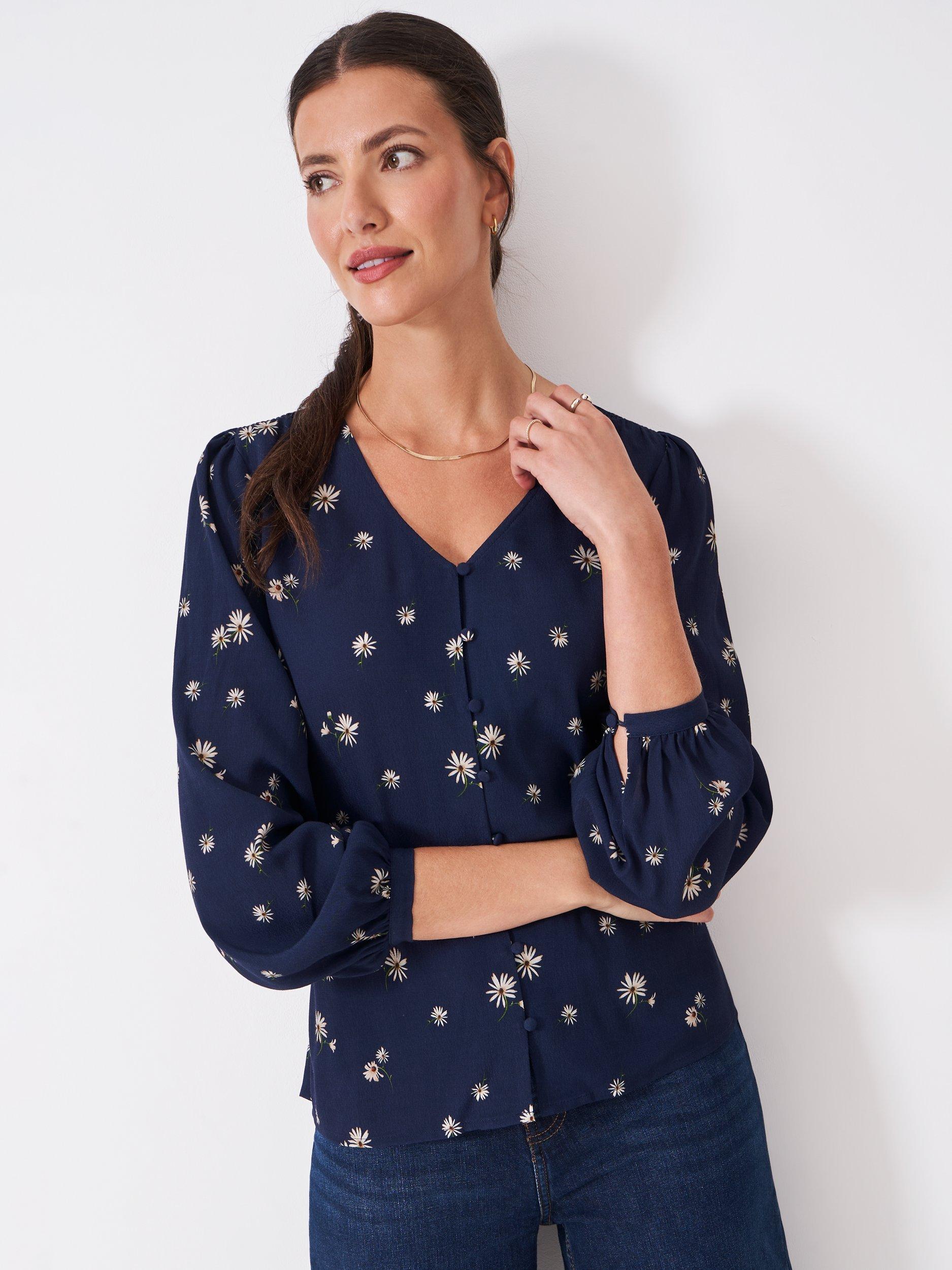 Crew Clothing Lola Floral Tie Back Top, Navy Blue