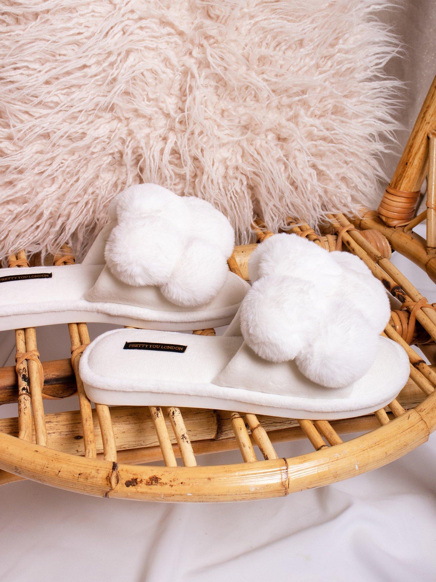 Pretty You London Dolly Pom Pom Slippers, White