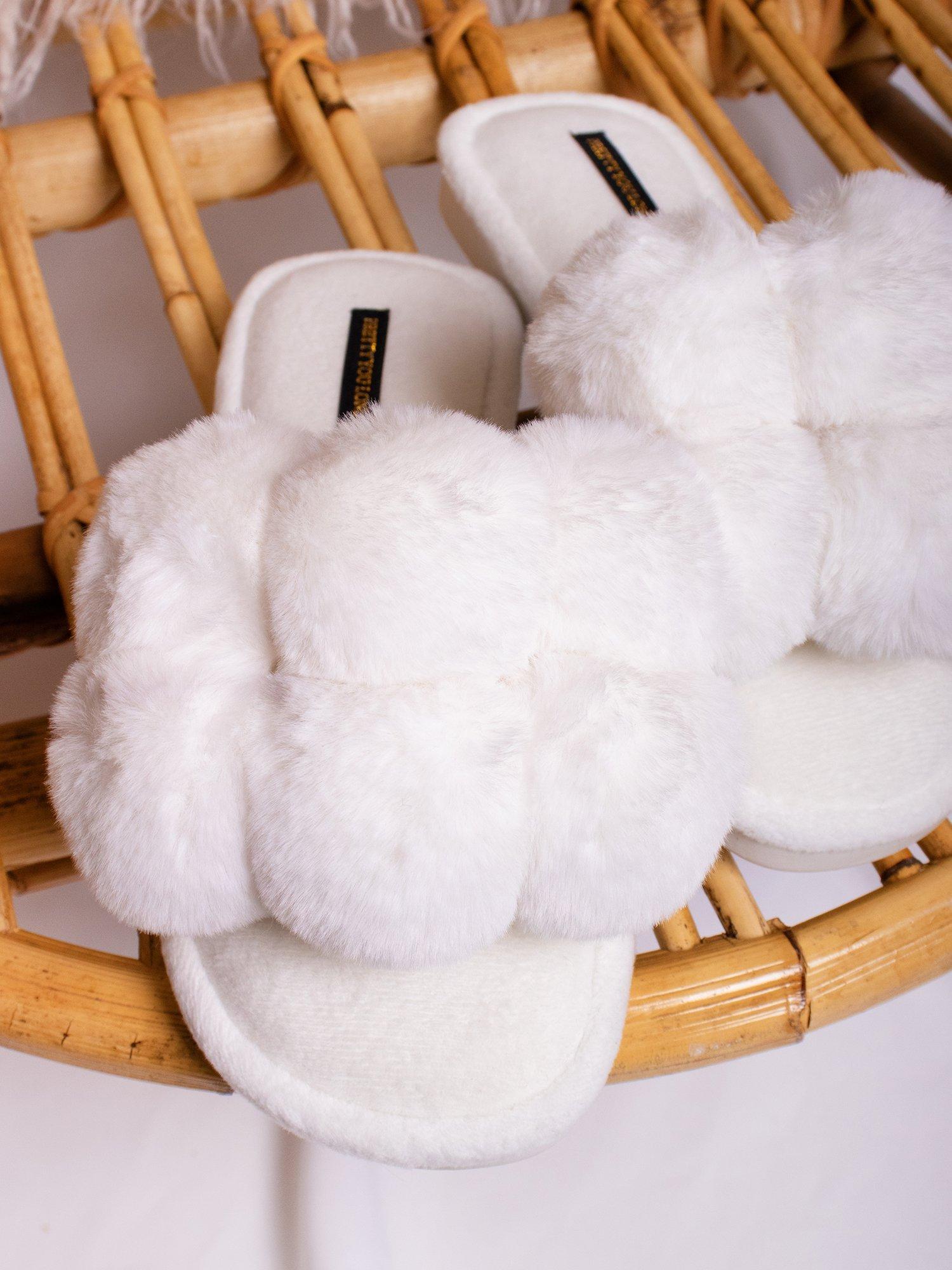 Pretty You London Dolly Pom Pom Slippers, White