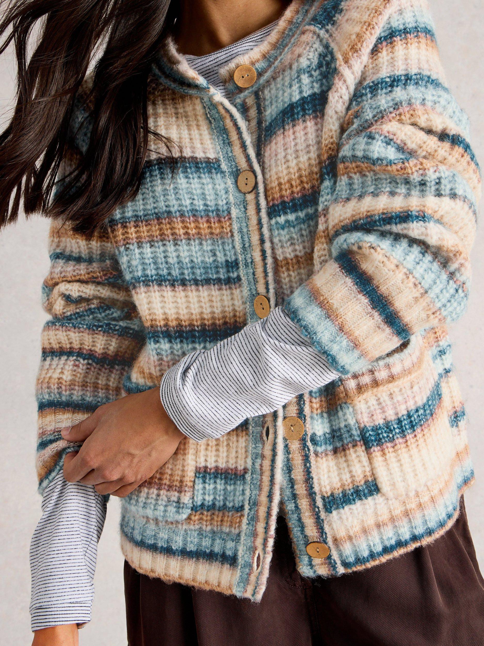White Stuff Suzanna Wool Blend Stripe Long Sleeve Crew Neck Cardigan