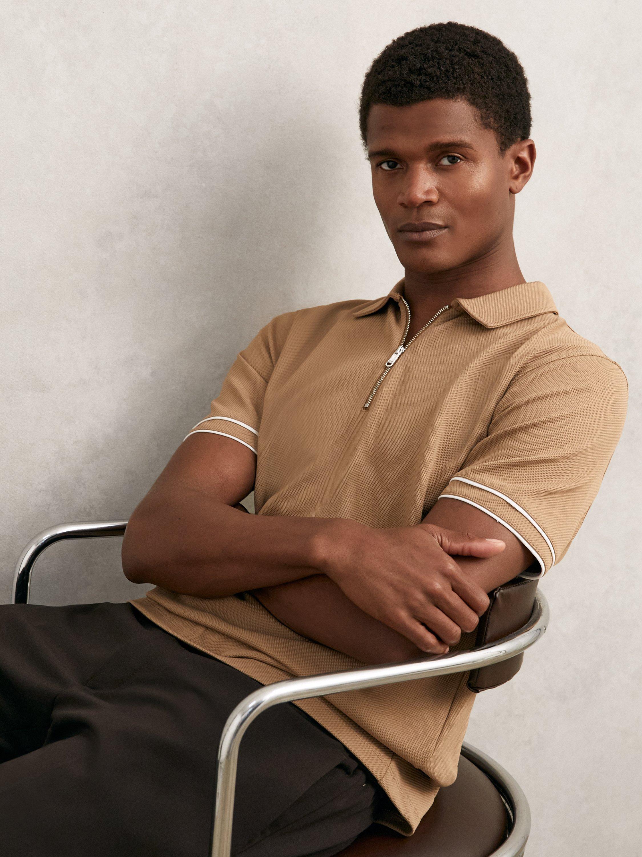 Reiss Zain Regular Fit Short Sleeve Polo Shirt, Camel, XS