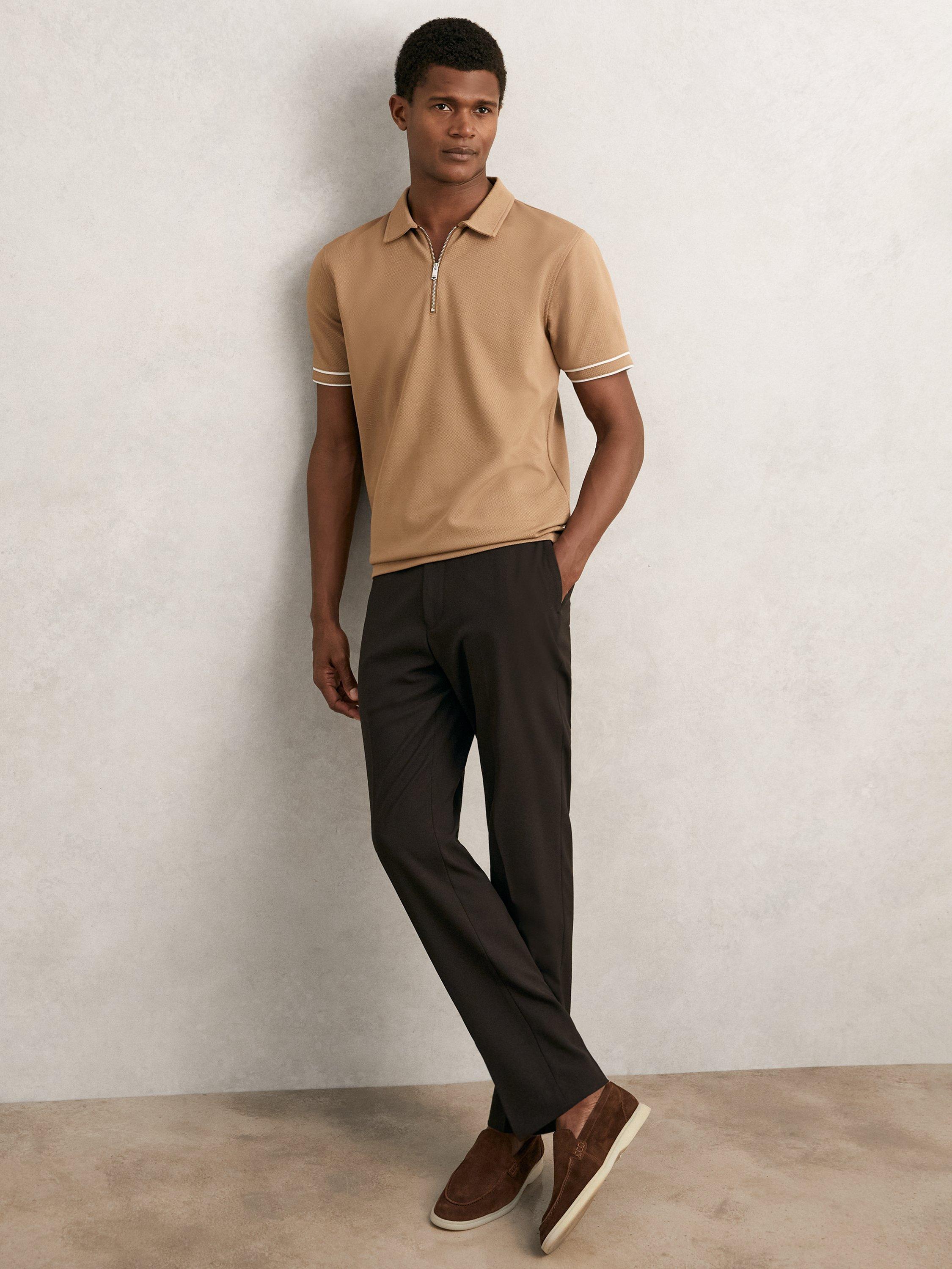 Reiss Zain Regular Fit Short Sleeve Polo Shirt, Camel, XS