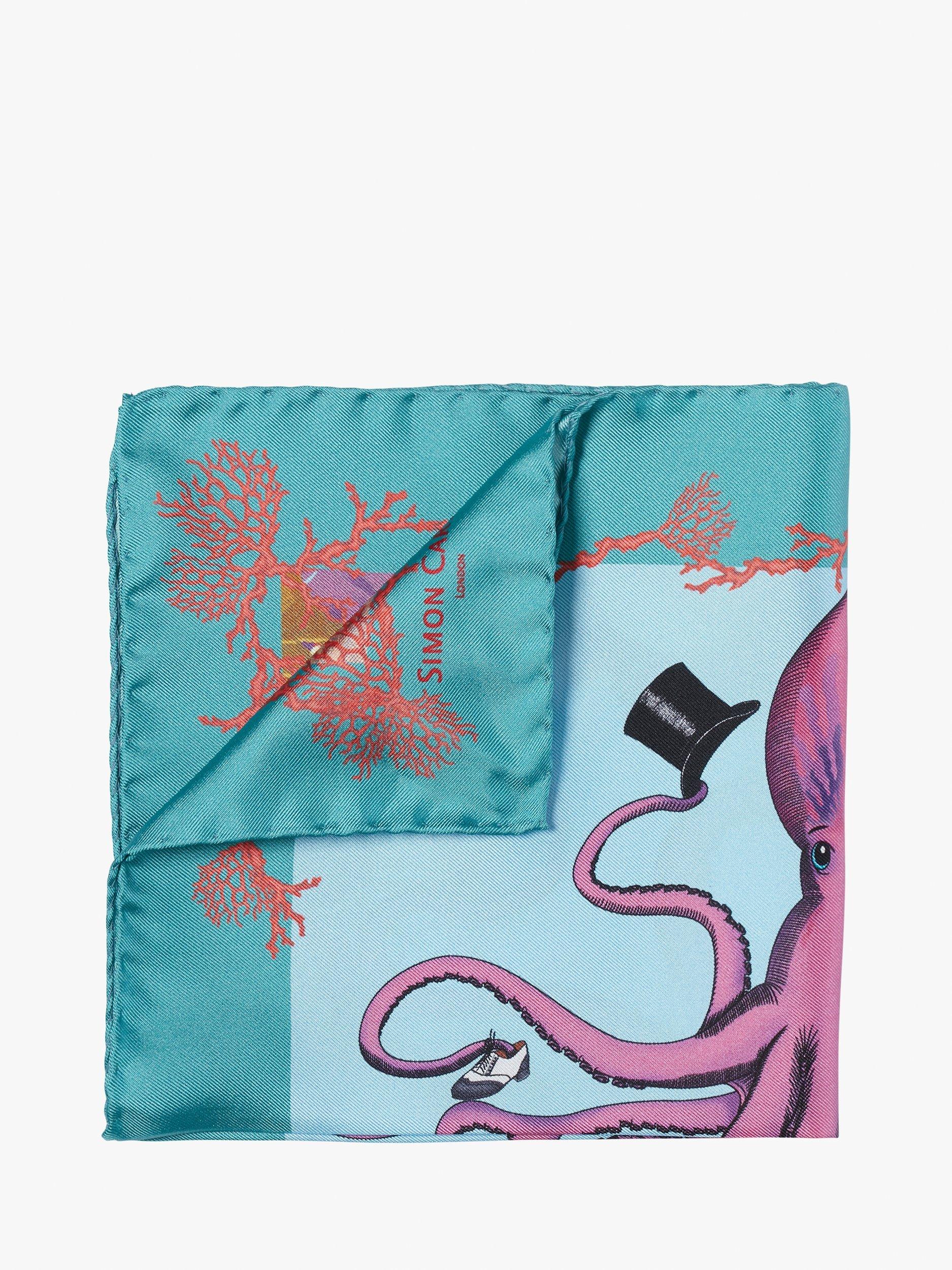 Simon Carter Silk Octopus Pocket Square, Teal/Multi