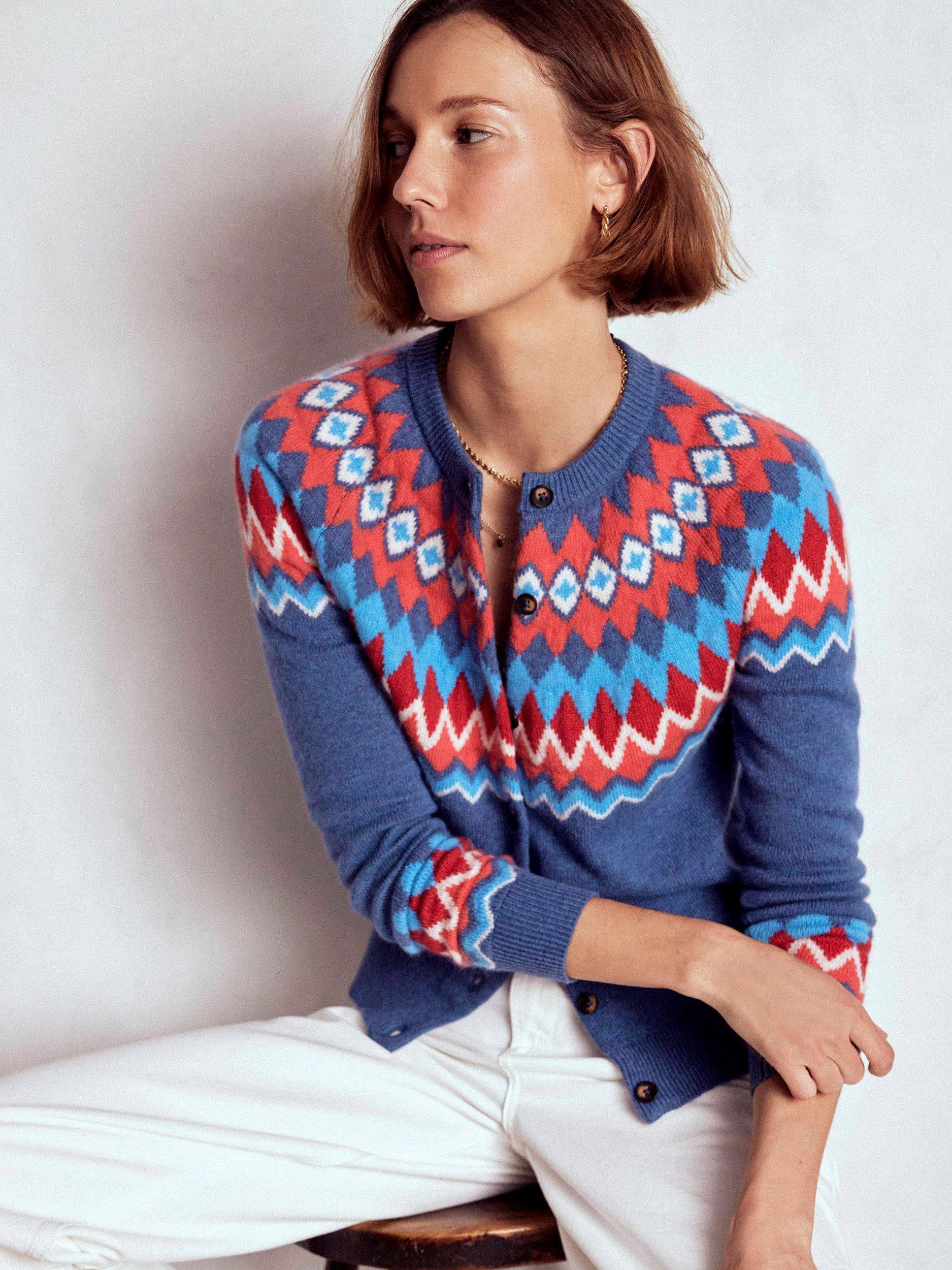 Boden Edie Fair Isle Wool Blend Cardigan, Blue/Multi