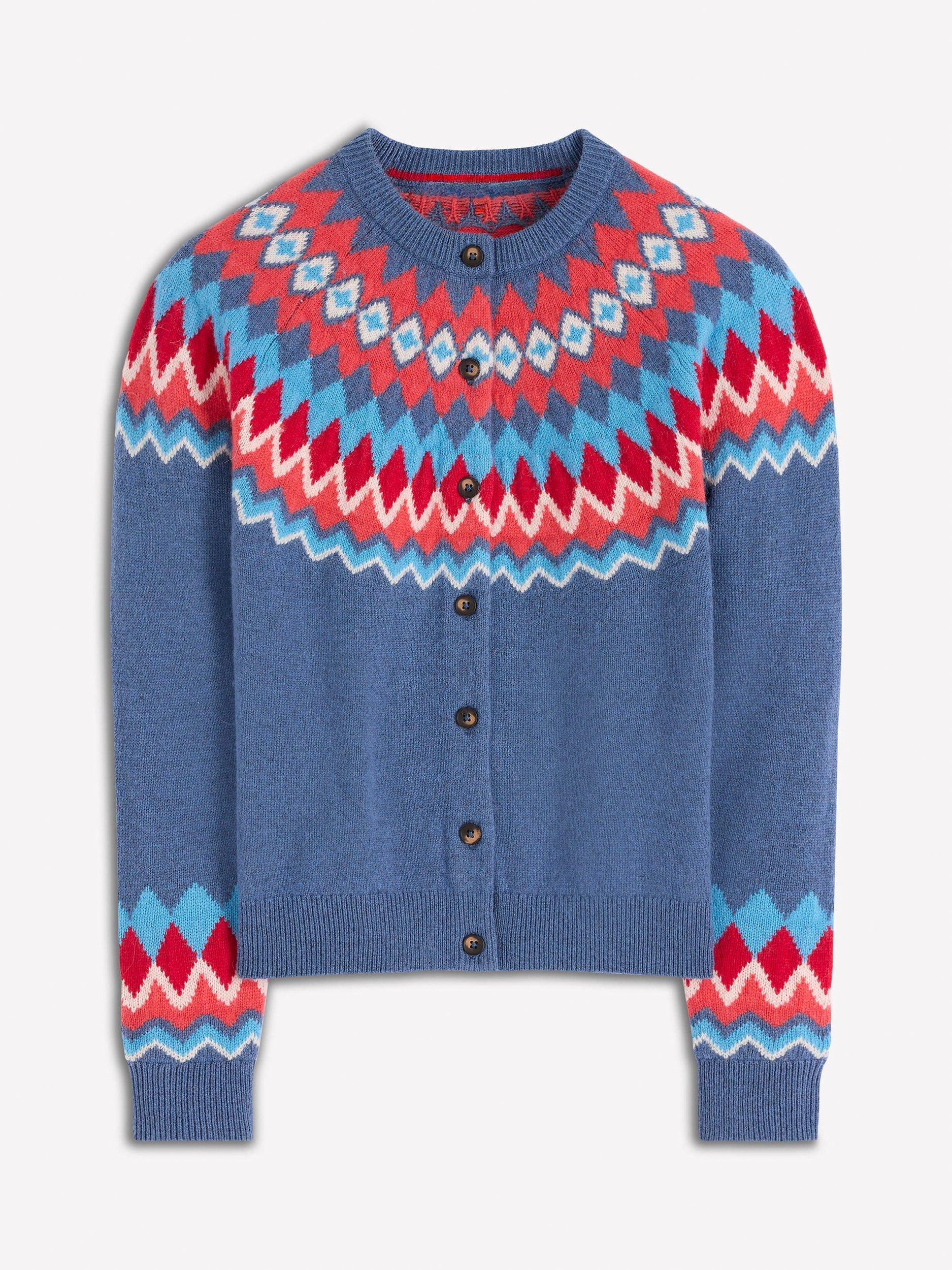 Boden Edie Fair Isle Wool Blend Cardigan, Blue/Multi