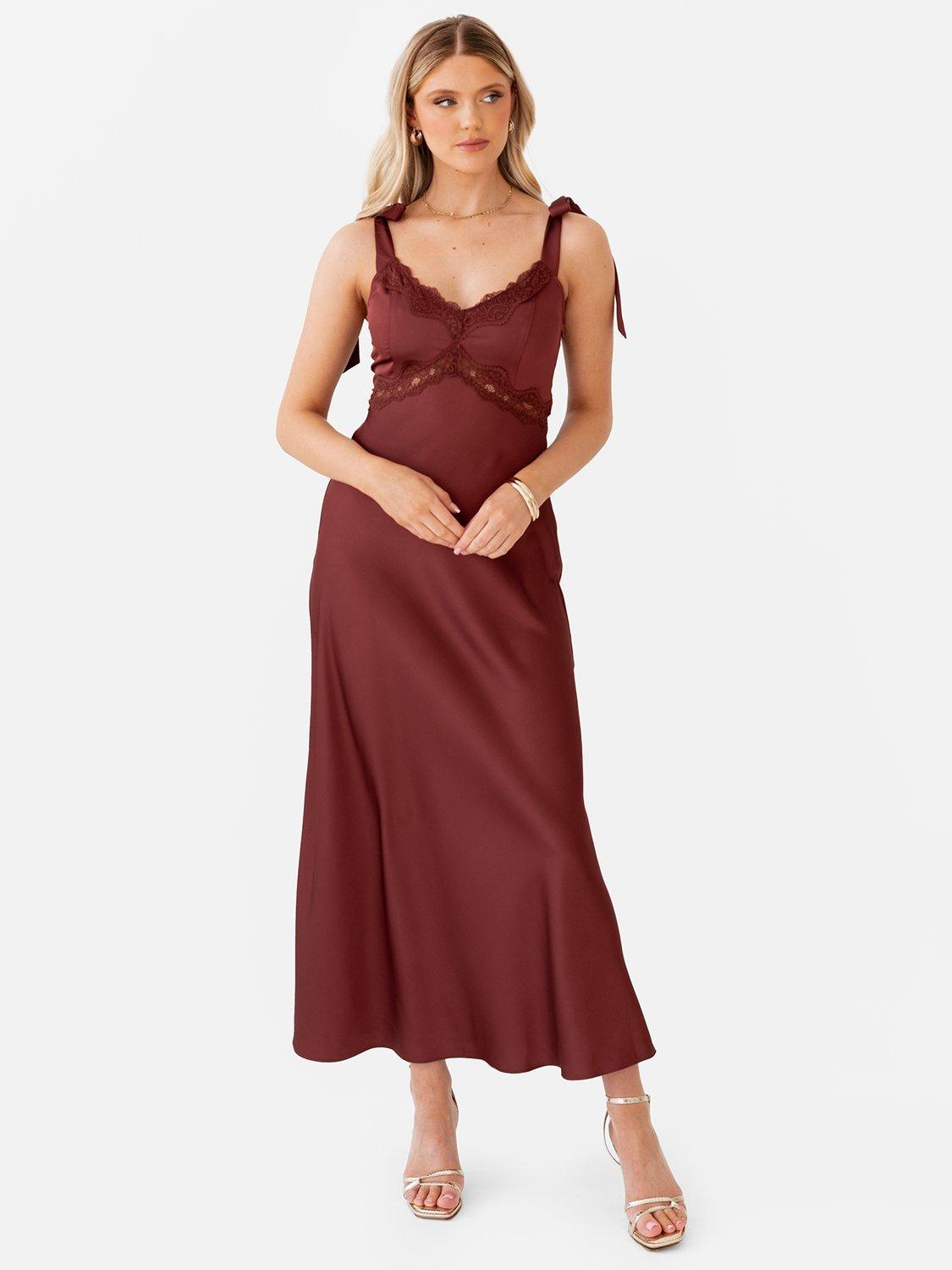 Maya Deluxe Tie Shoulder Lace Trim Midaxi Dress, Chestnut