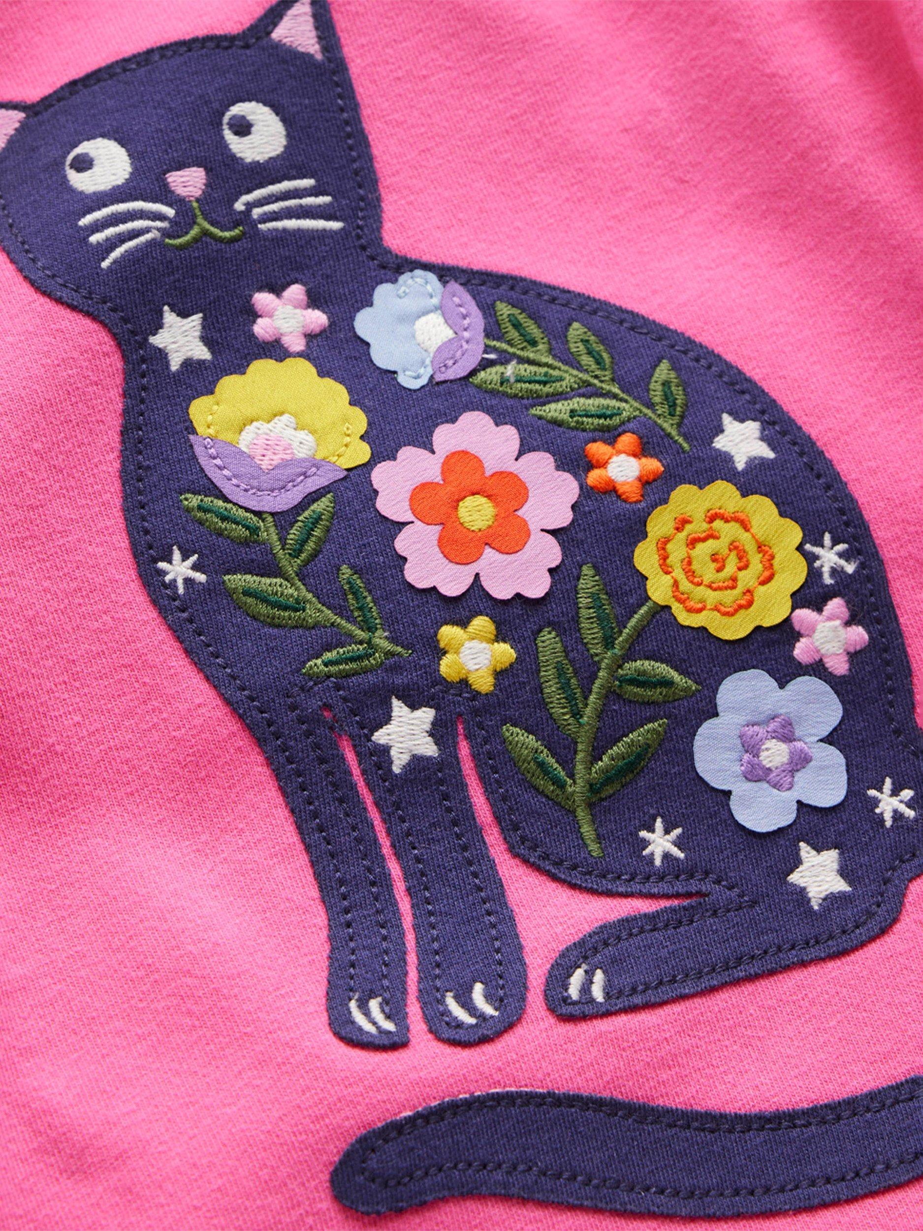 Mini Boden Kids' Cotton Long Sleeved Applique T-Shirt, Sorbet Pink Cat