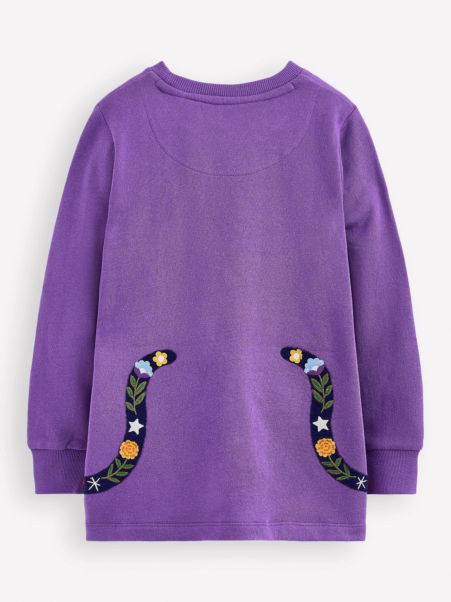 Mini Boden Kids' Cotton Long Sleeved Applique Tunic, Purple Topaz Cats