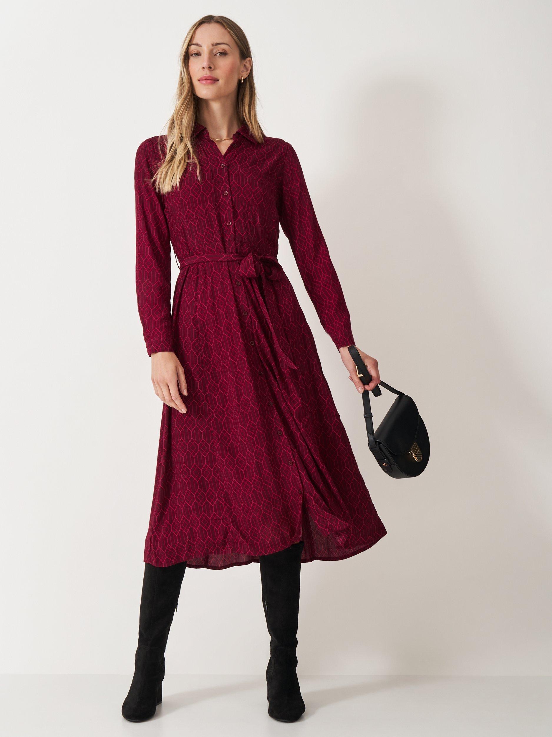 Crew Clothing Sienna Geometric Shirt Dress, Berry Red