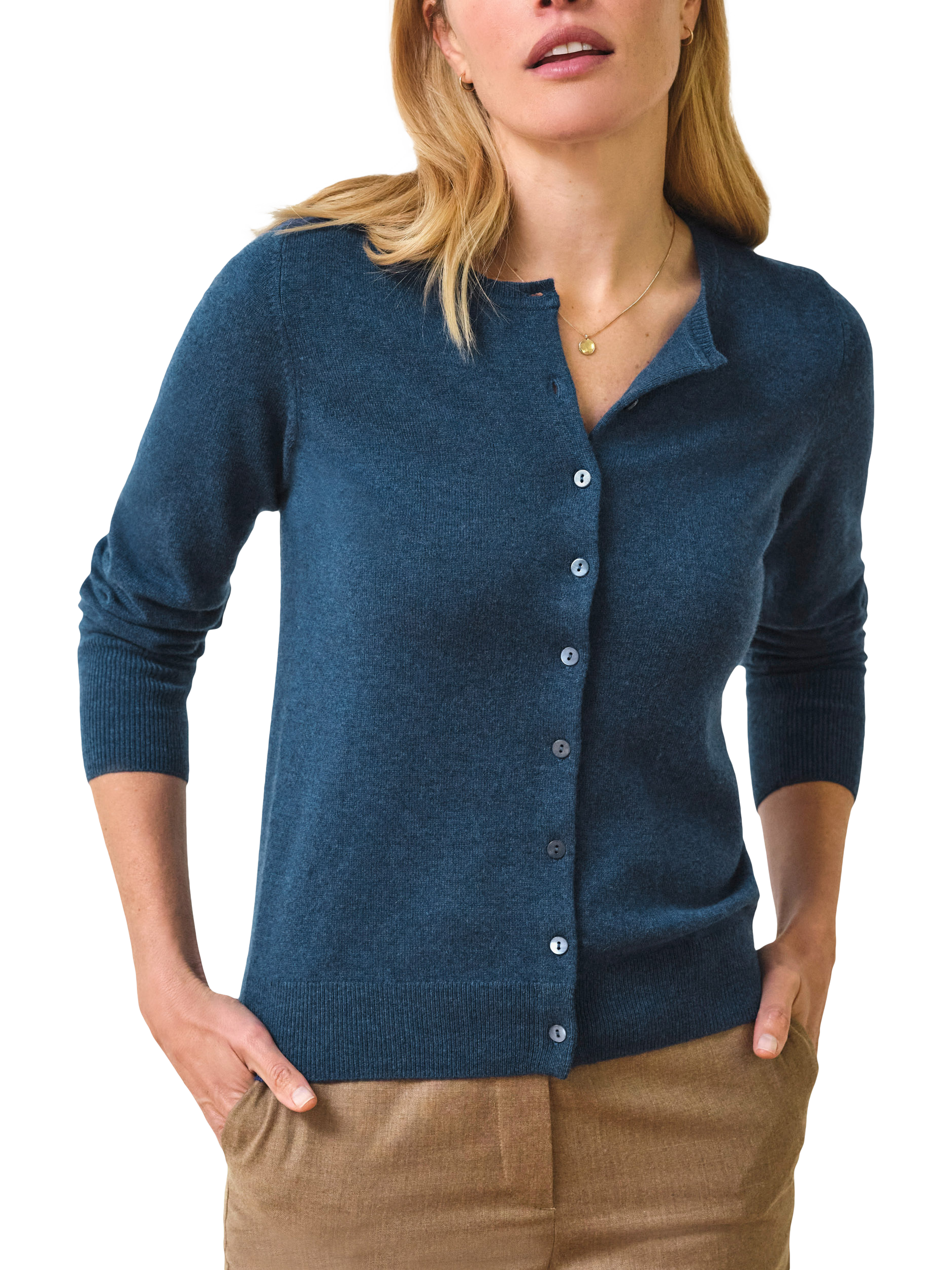 Pure Collection Crew Neck Pure Cashmere Cardigan, Blue