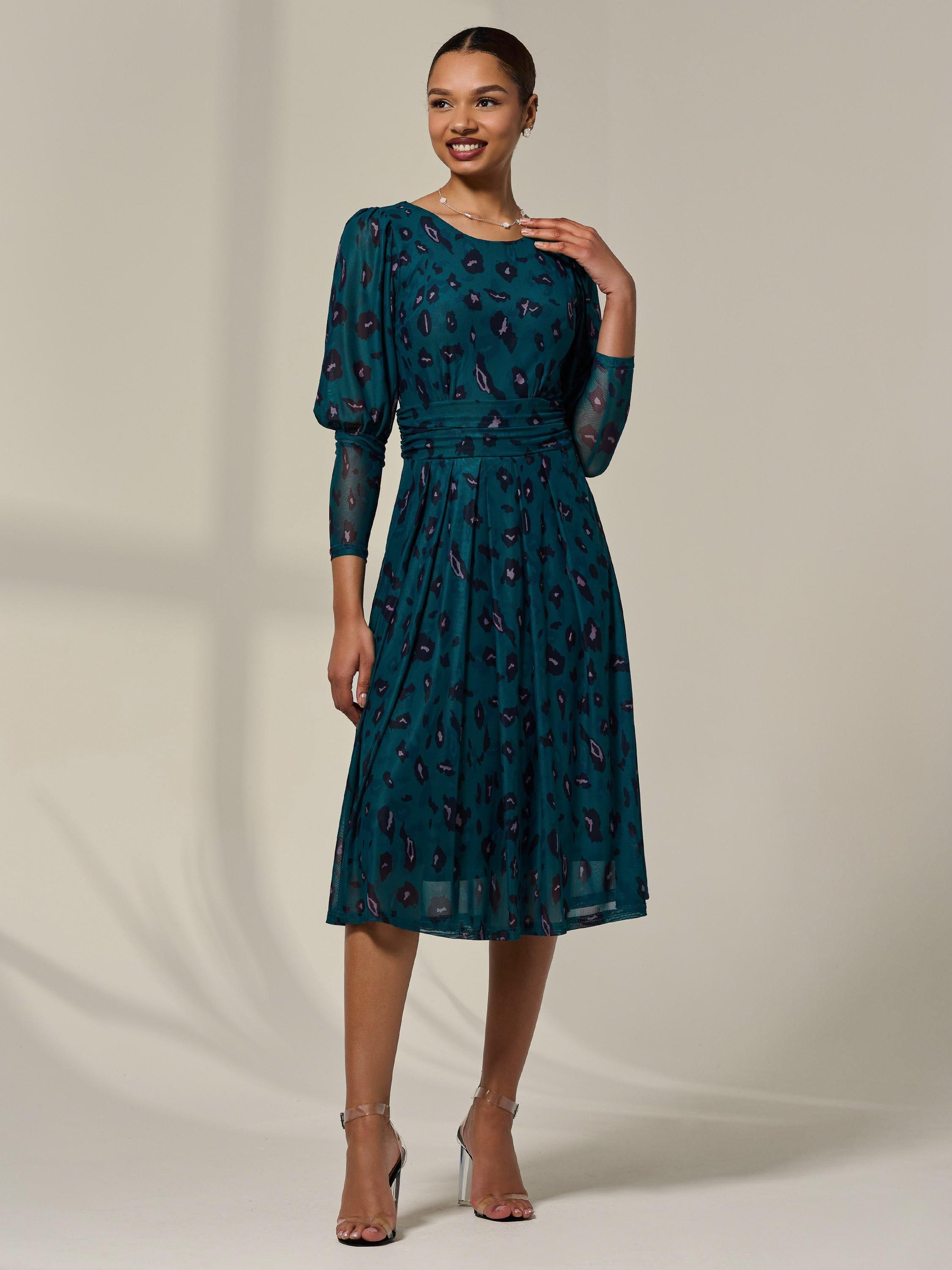 Jolie Moi Leopard Print Long Sleeve Midaxi Dress, Green