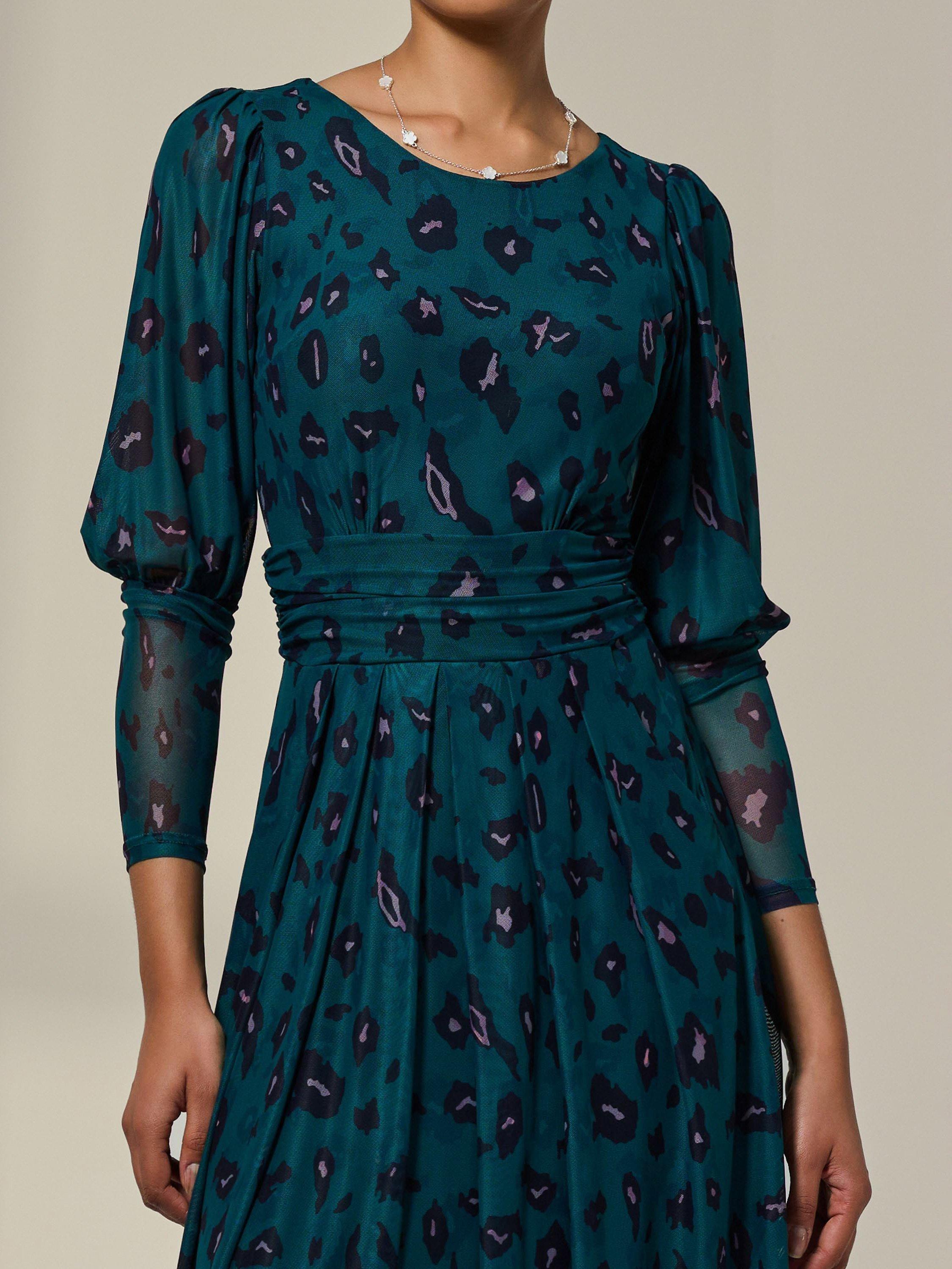 Jolie Moi Leopard Print Long Sleeve Midaxi Dress, Green