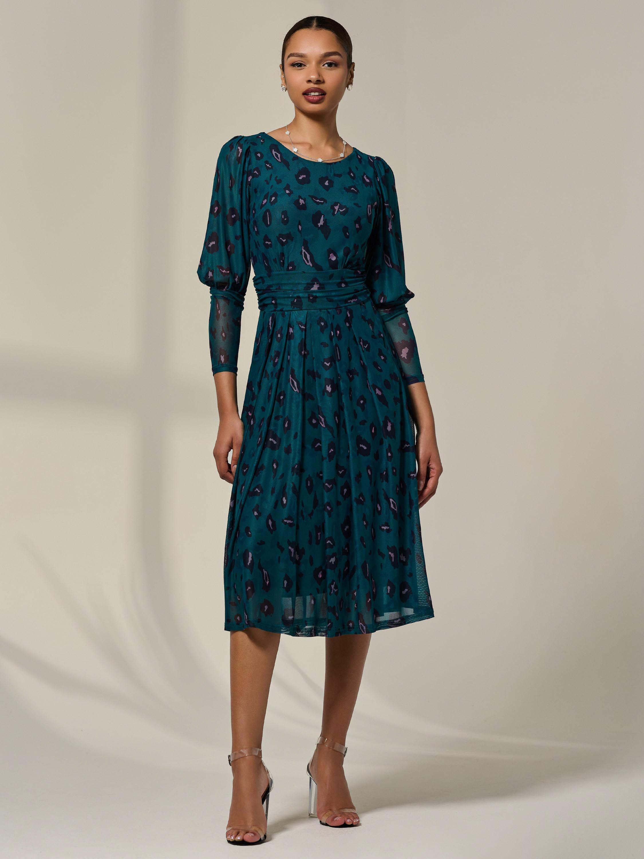 Jolie Moi Leopard Print Long Sleeve Midaxi Dress, Green