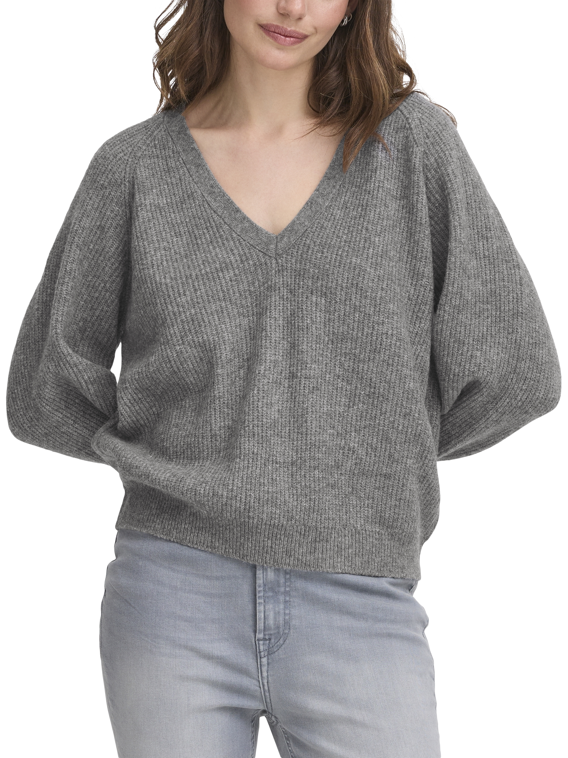ICHI Dasila Long Sleeve V-Neck Knit Jumper, Dark Grey Melange