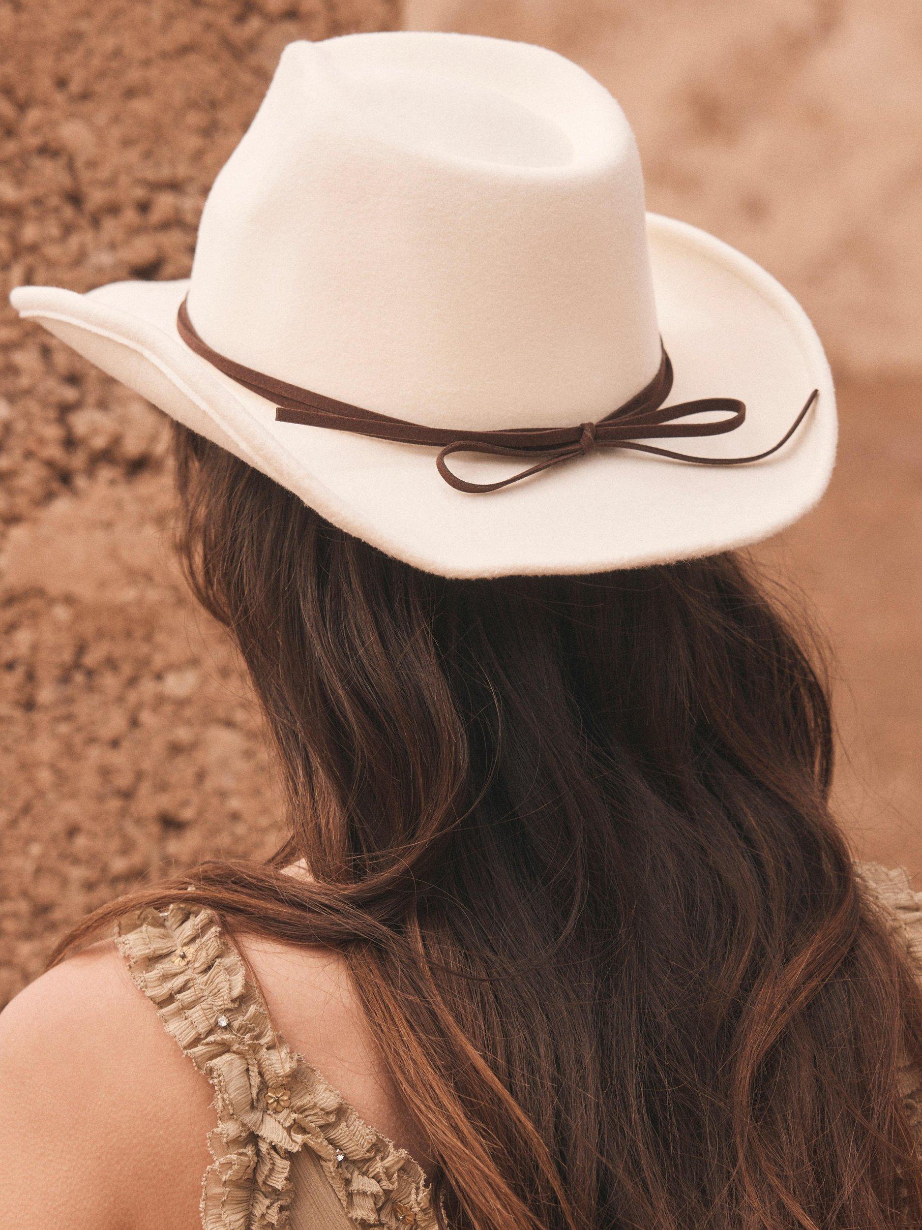 Mint Velvet Leather Trim Fedora Cowboy Hat, Natural Cream