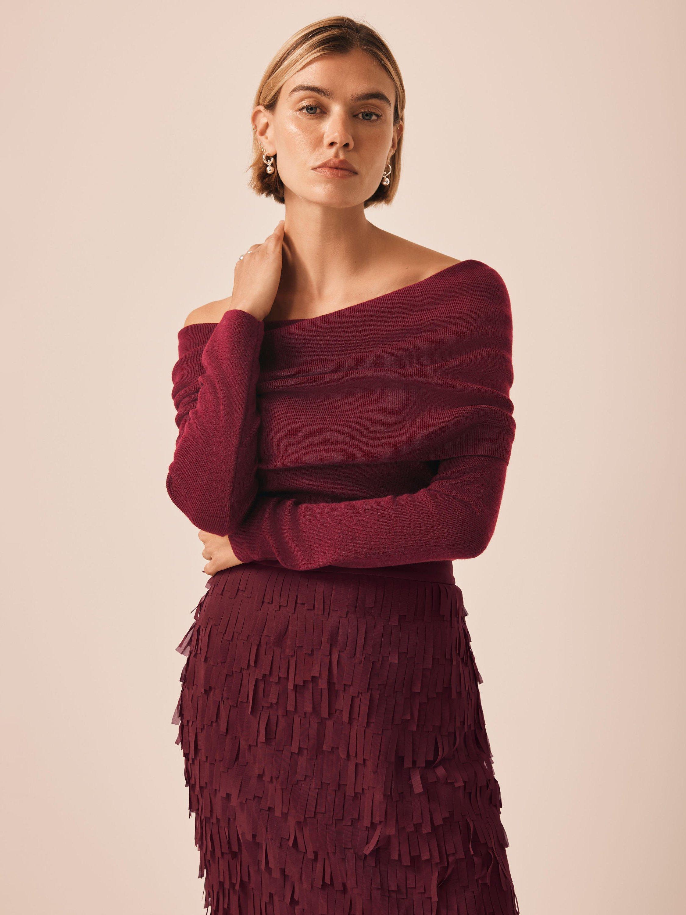 Mint Velvet Ribbed Bardot Top, Mid Red