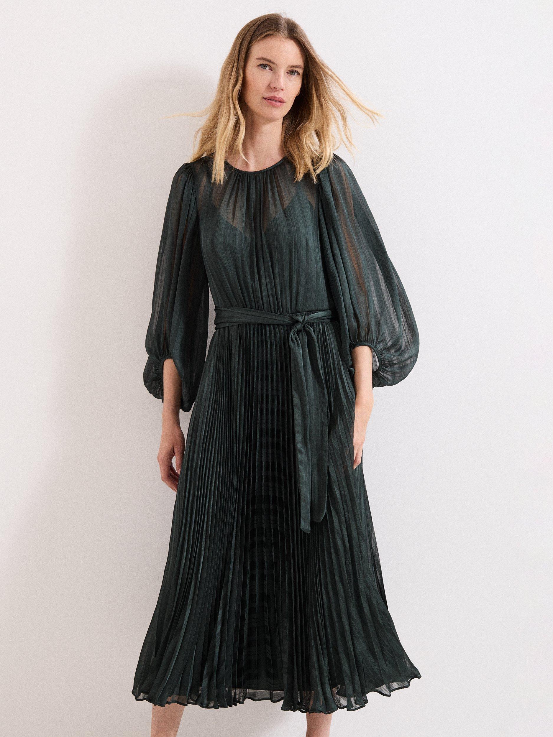 Phase Eight Petite Lucie Pleated Midi Dress, Green