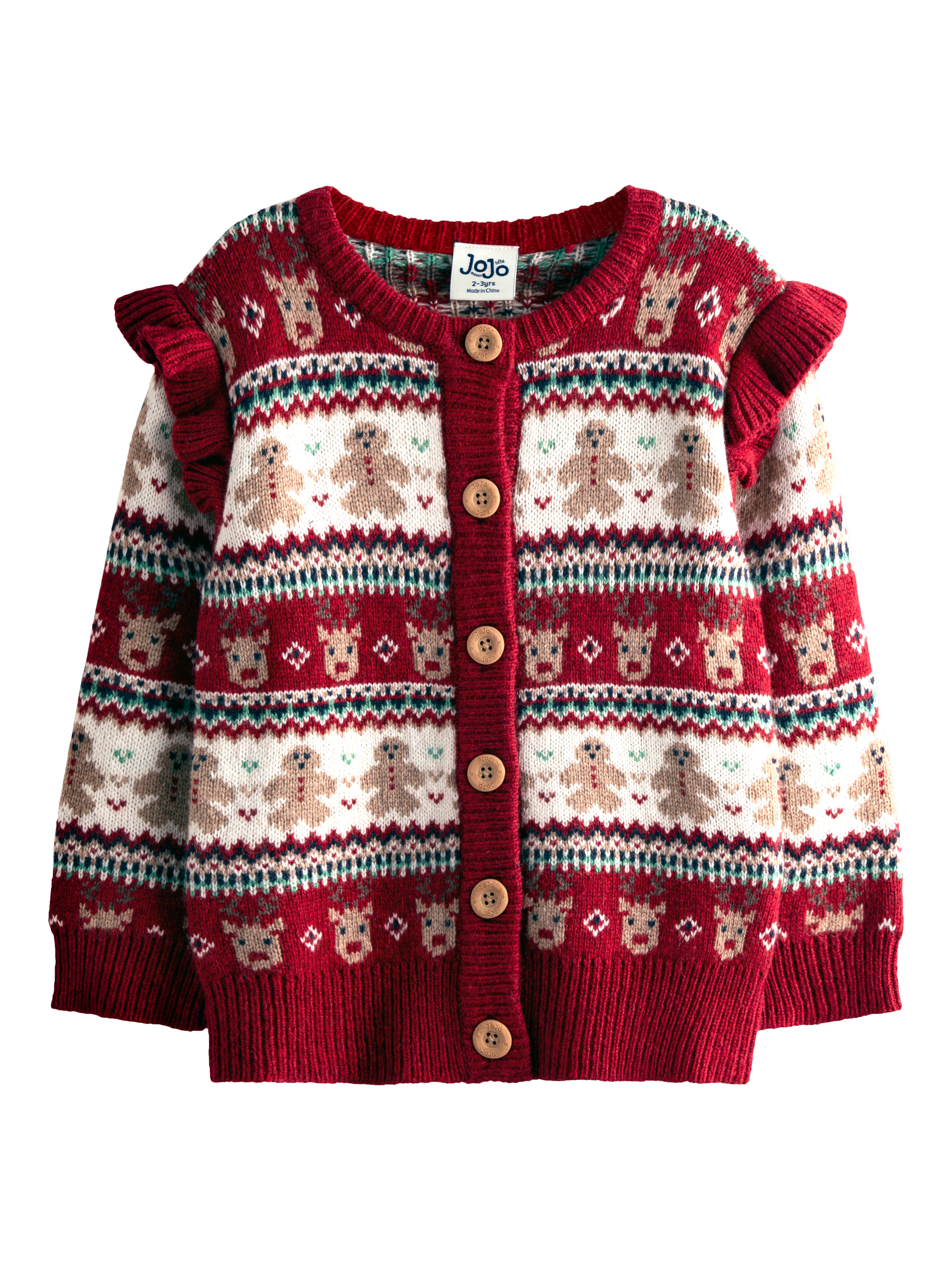 JoJo Maman Bébé Kids' Reindeer Fair Isle Frill Cardigan, Multi
