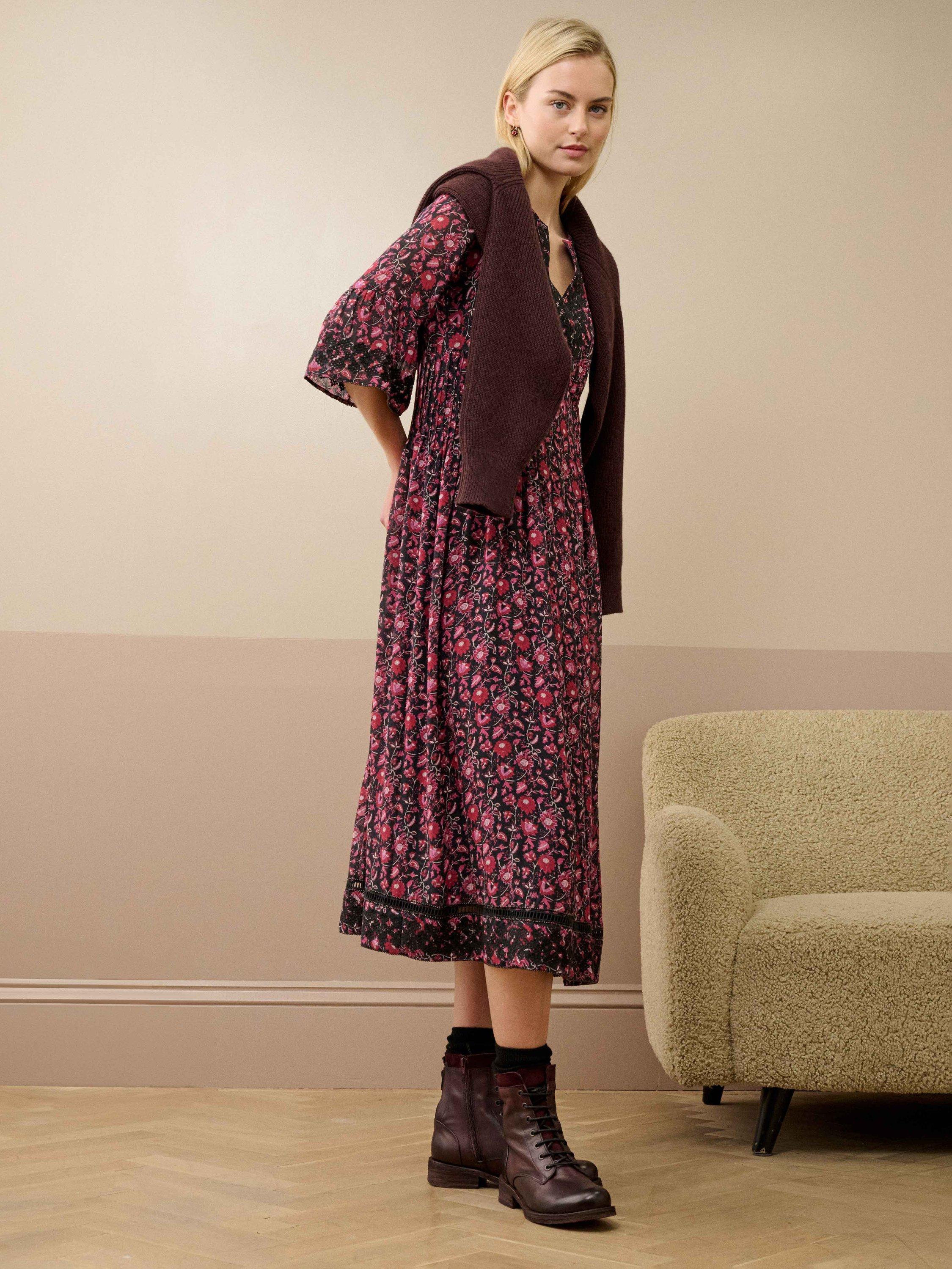 Brora Silk Floral Embroidered Three-Quarter Sleeves V-Neck Flare Midi Dress