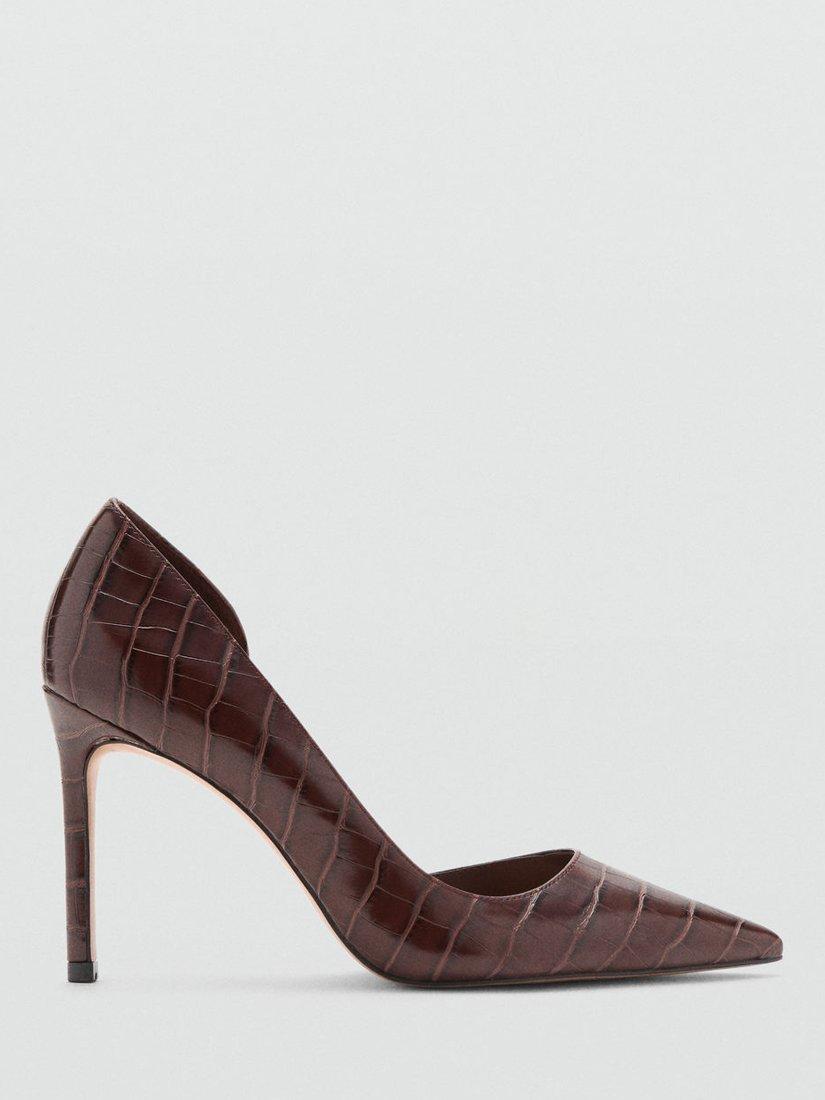 Mango Audrey Croc Asymmetric Stiletto Heel Court Shoes, Dark Brown