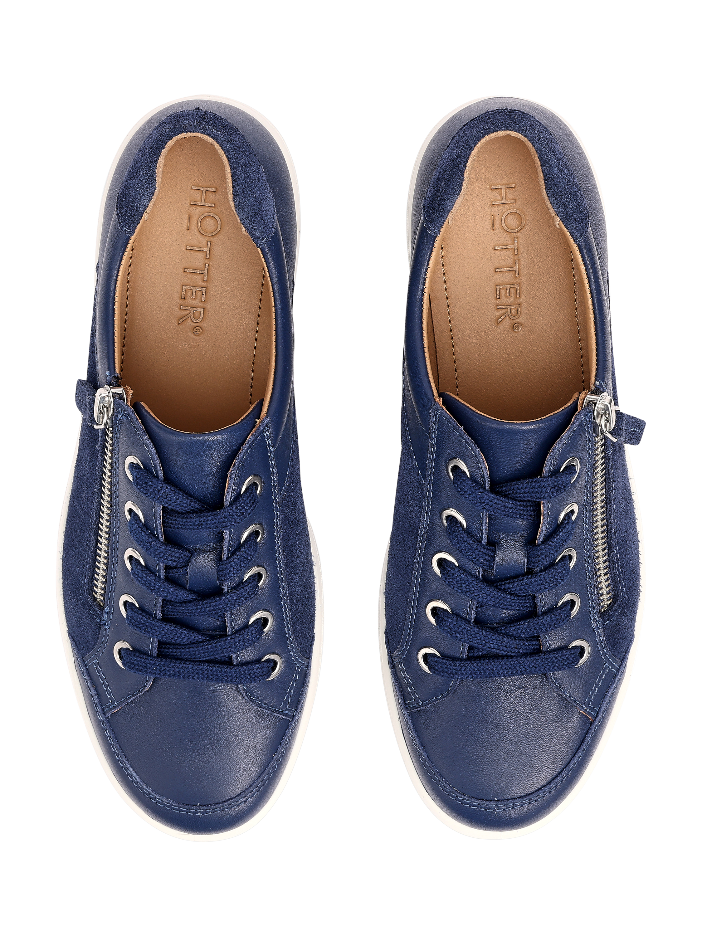 Hotter Chase II Wide Fit Leather Zip and Go Trainers, French Navy