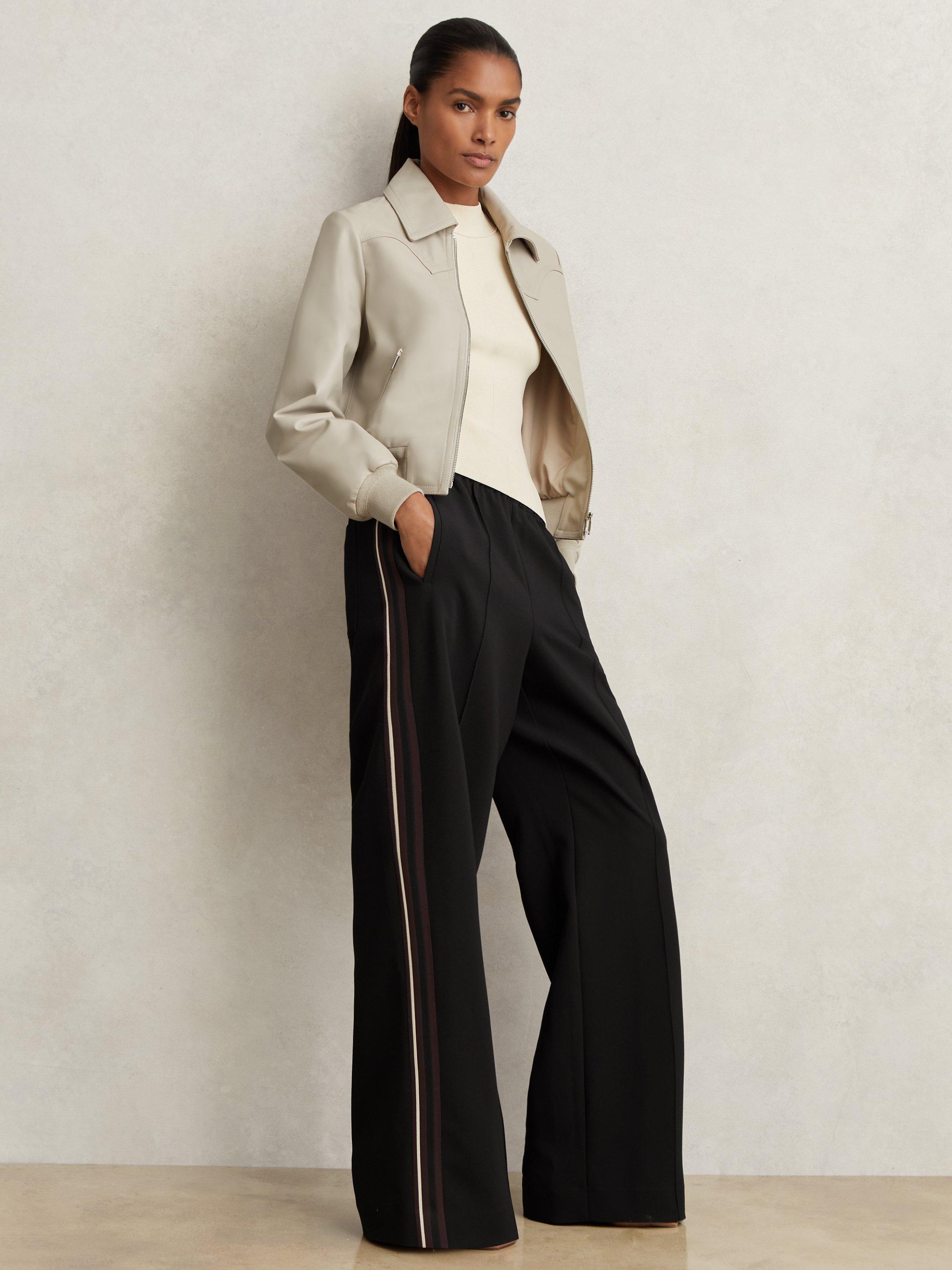 Reiss Robyn Side Stripe Wide Leg Trousers, Black